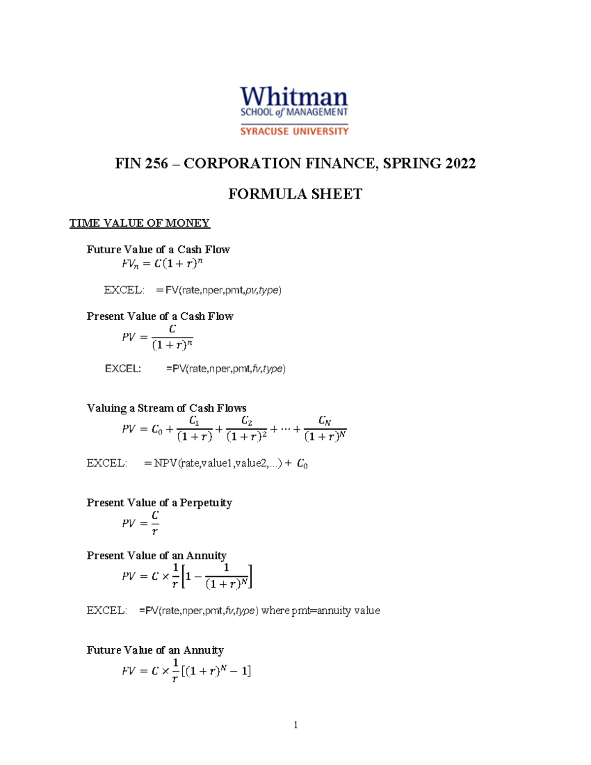 FIN256-2022-Spring-Exam #1 Formula Sheet - FIN 256 – CORPORATION ...