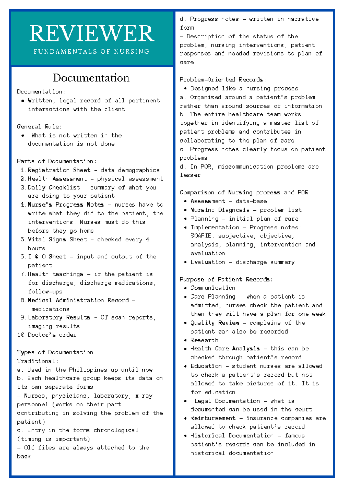Fundamentals of Nursing Reviewer - REVIEWER F U N D A M E N T A L S O F ...