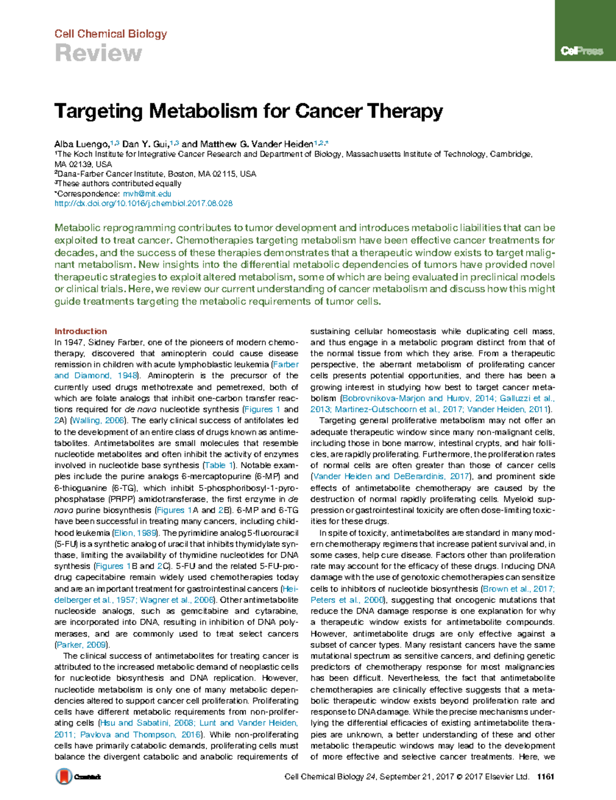 Exercise 4 Luengo 2017 Targeting Cancer Metabolism - Review Targeting ...