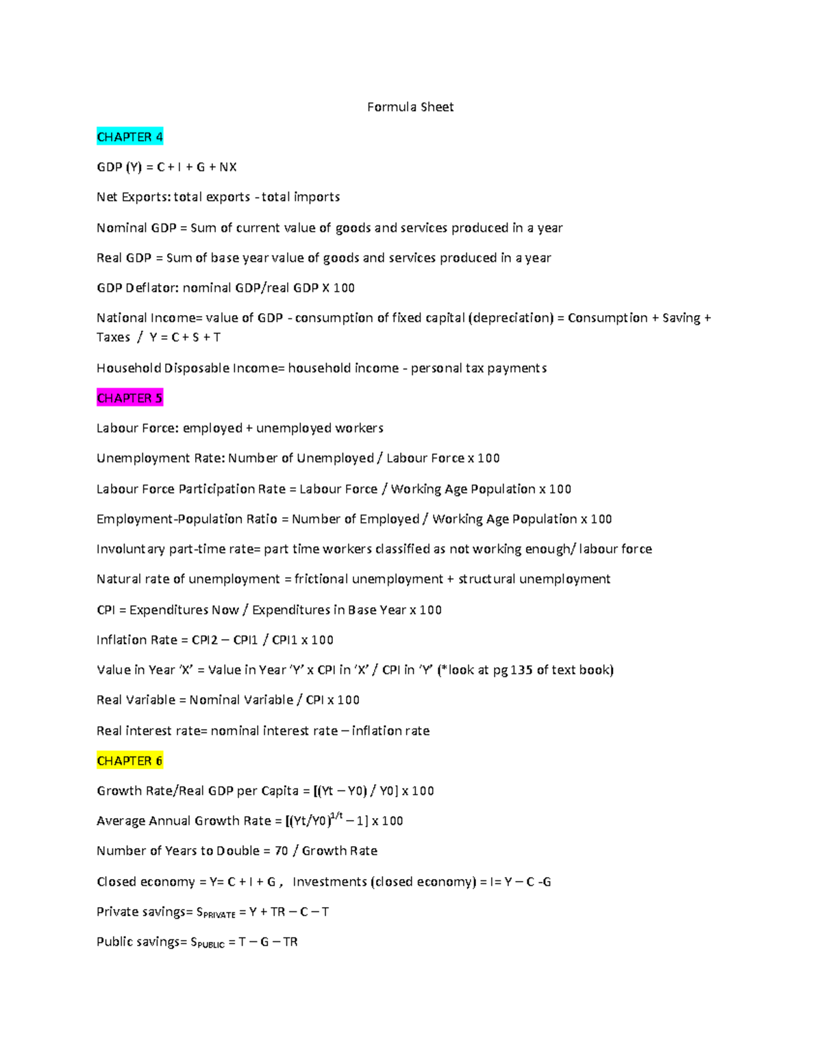 Econ 1100 Formula sheet - Formula Exports: total exports total GDP Sum ...