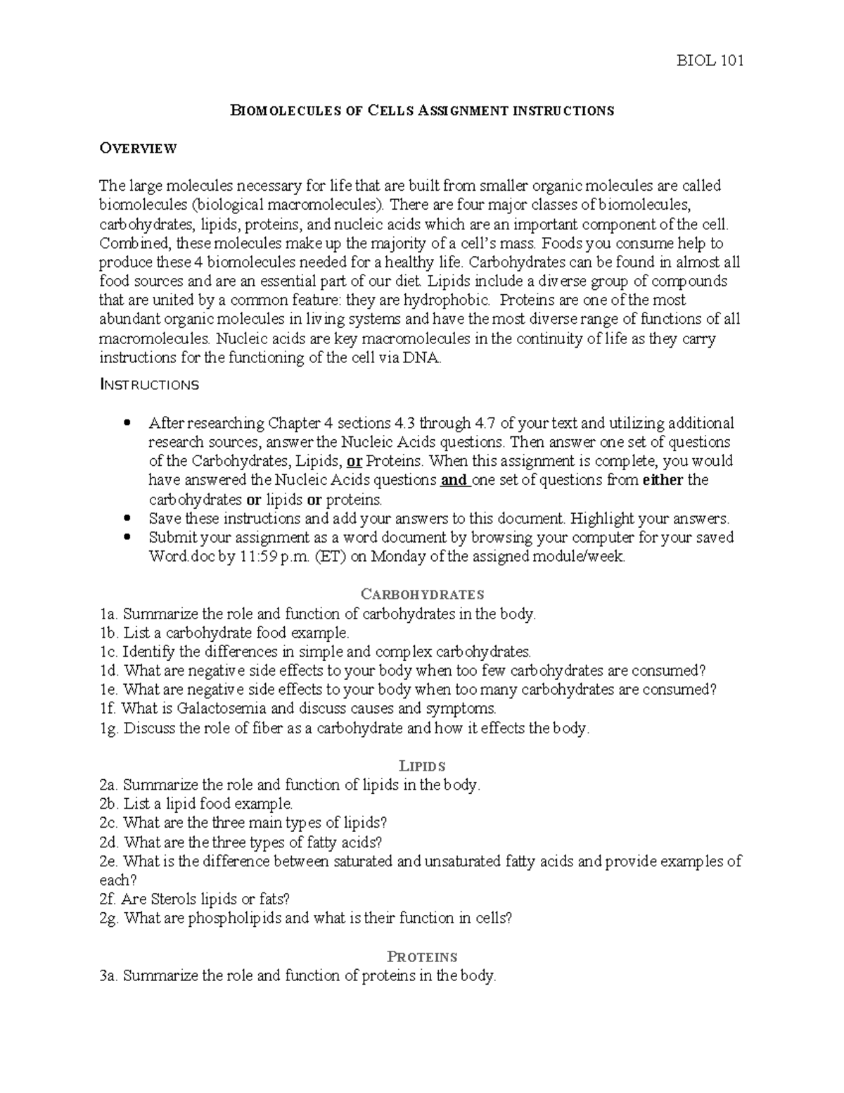 Biomolecules of Cells Assignment Instructions - BIOL 101 BIOMOLECULES ...