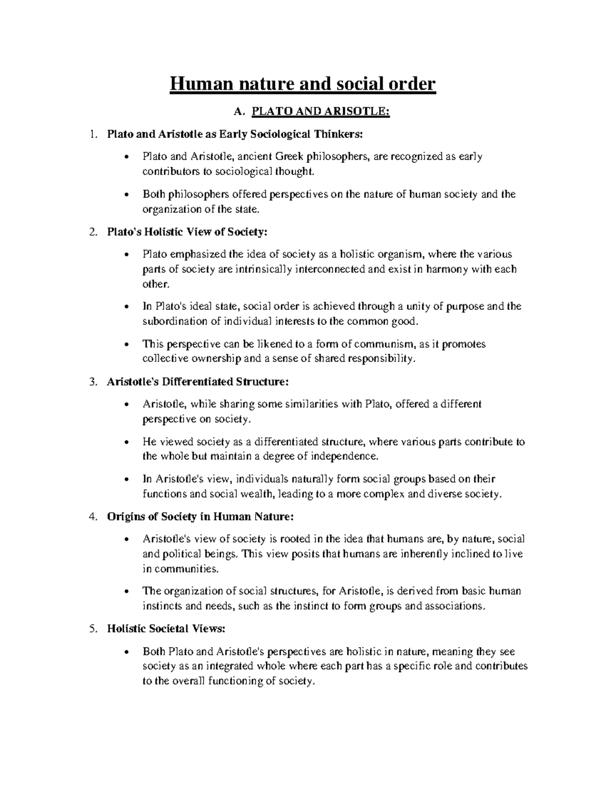 Early Sociological Theory - Human nature and social order A. PLATO AND ...
