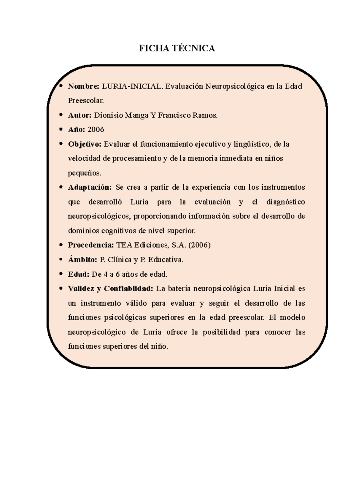 Fichas Técnicas Tarea Académica 1 - FICHA TÉCNICA Nombre: LURIA-INICIAL ...