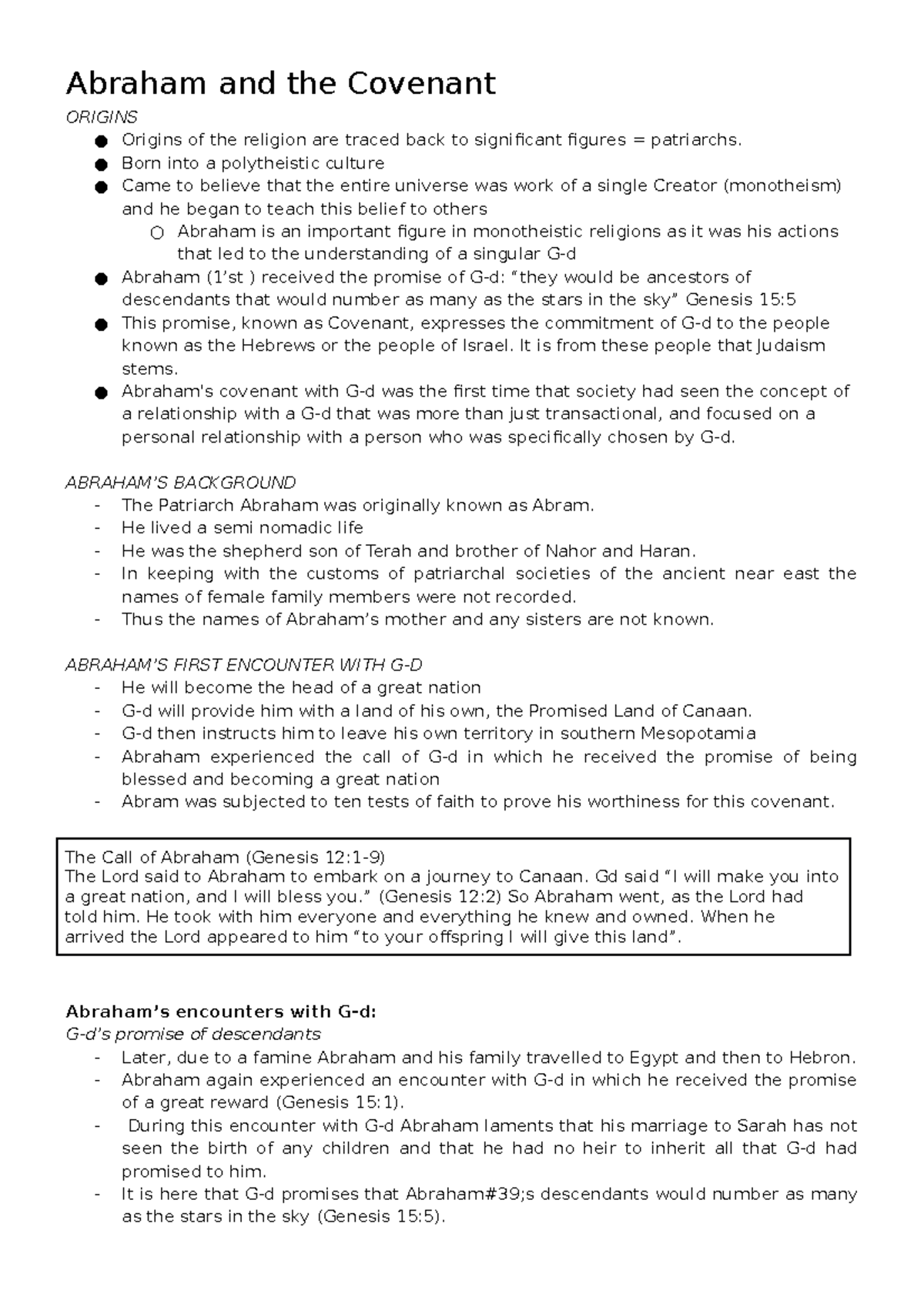 Judaism notes - prelim - Abraham and the Covenant ORIGINS Origins of ...