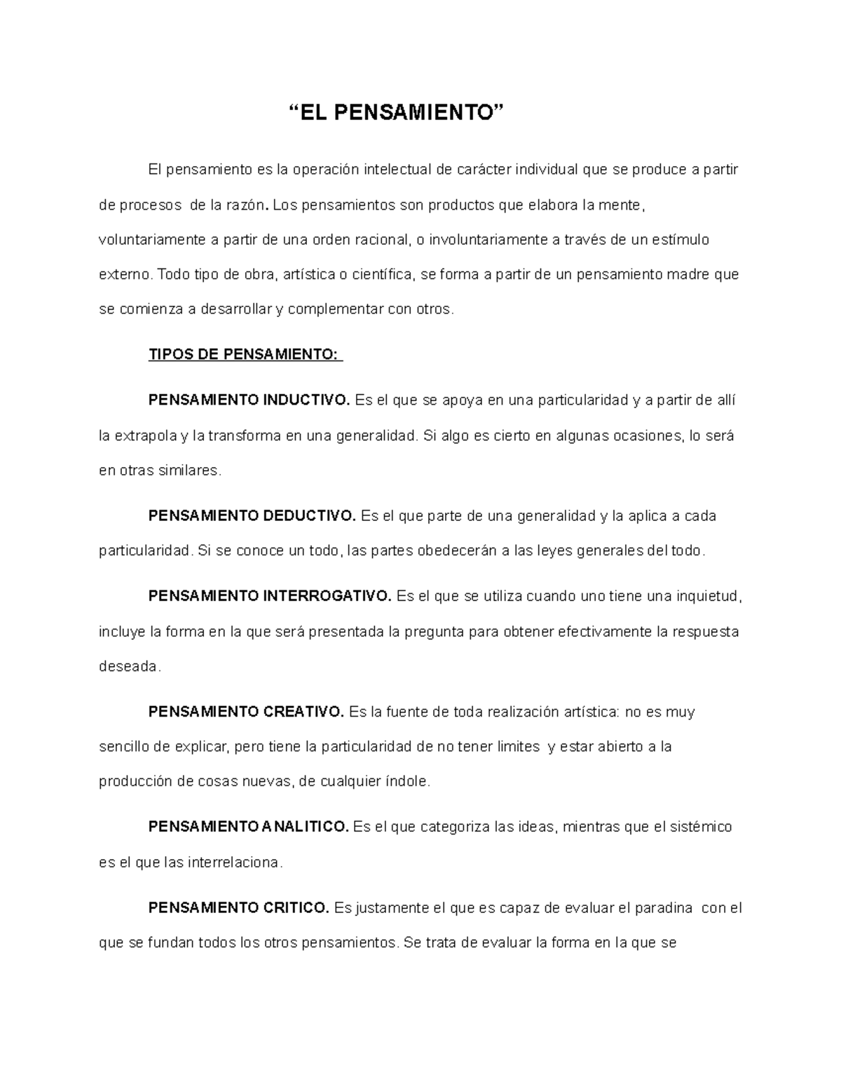 EL Pensamiento - “EL PENSAMIENTO” El pensamiento es la operación ...