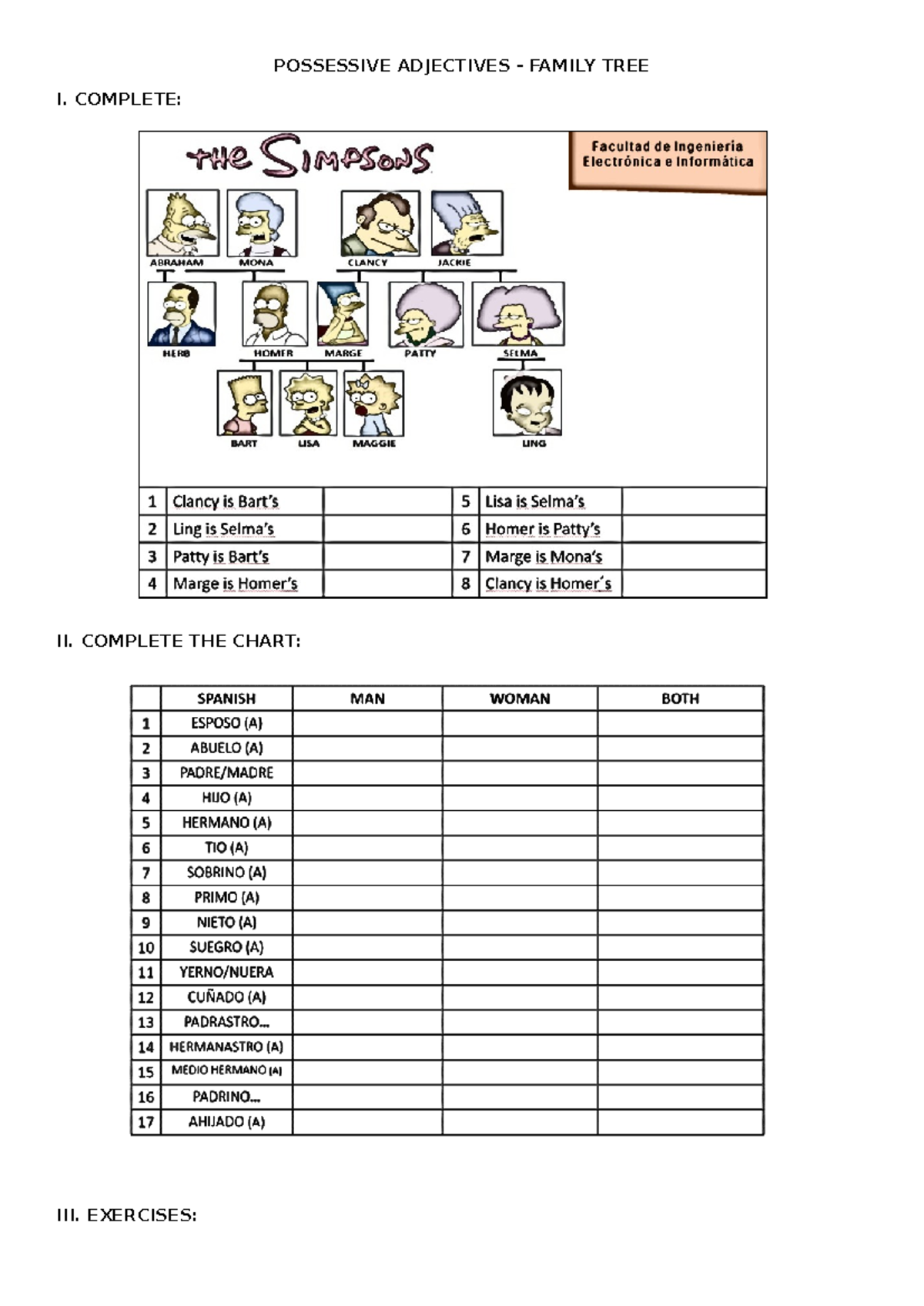 Handout Possessive Adjectives 2024 I - Ingles 1 - POSSESSIVE ADJECTIVES ...