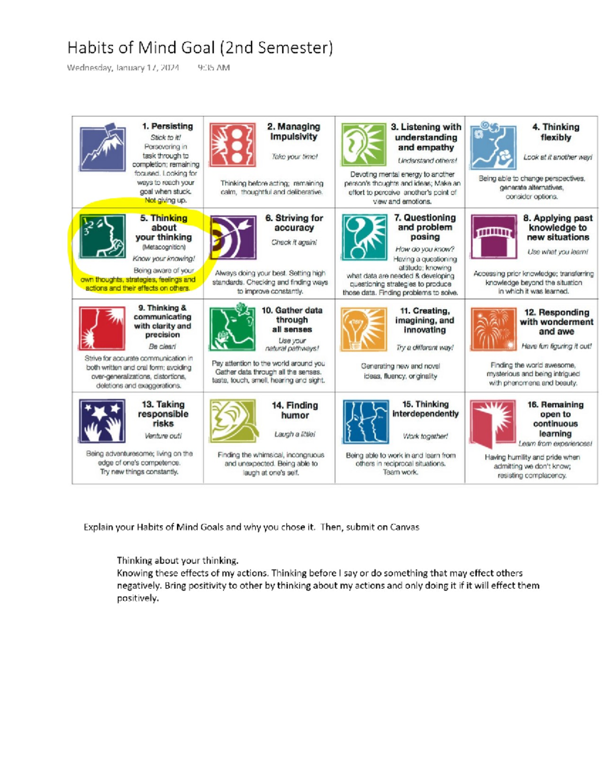 Habit Of Mind Goals (Semester 2) - Studocu