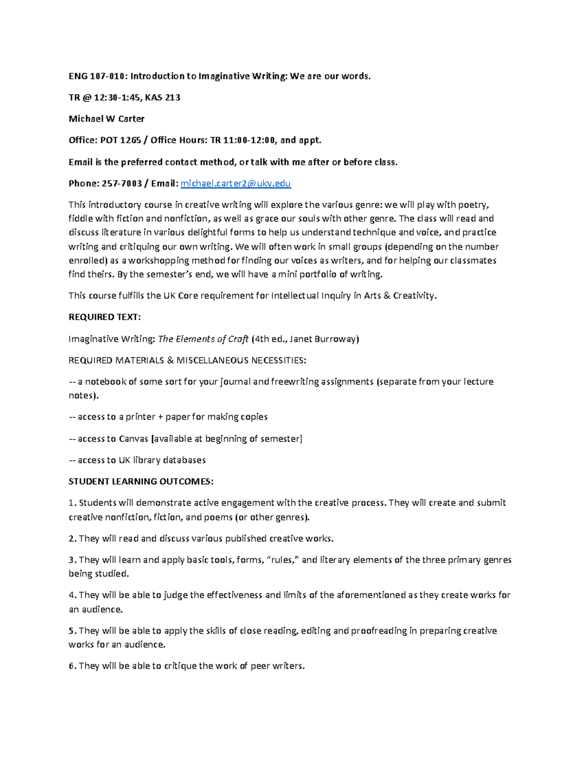 ENG 107 Carter F18 - Course Syllabus - ENG Introduction to Imaginative ...