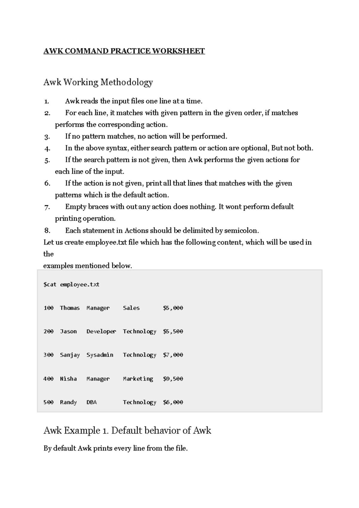 AWK Command Practice Worksheet - AWK COMMAND PRACTICE WORKSHEET Awk ...