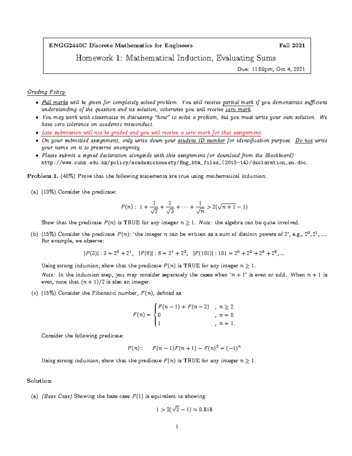 Hw1 sol - Exercise - ENGG2440C Discrete Mathematics for Engineers Fall 2021 Homework 1 ...