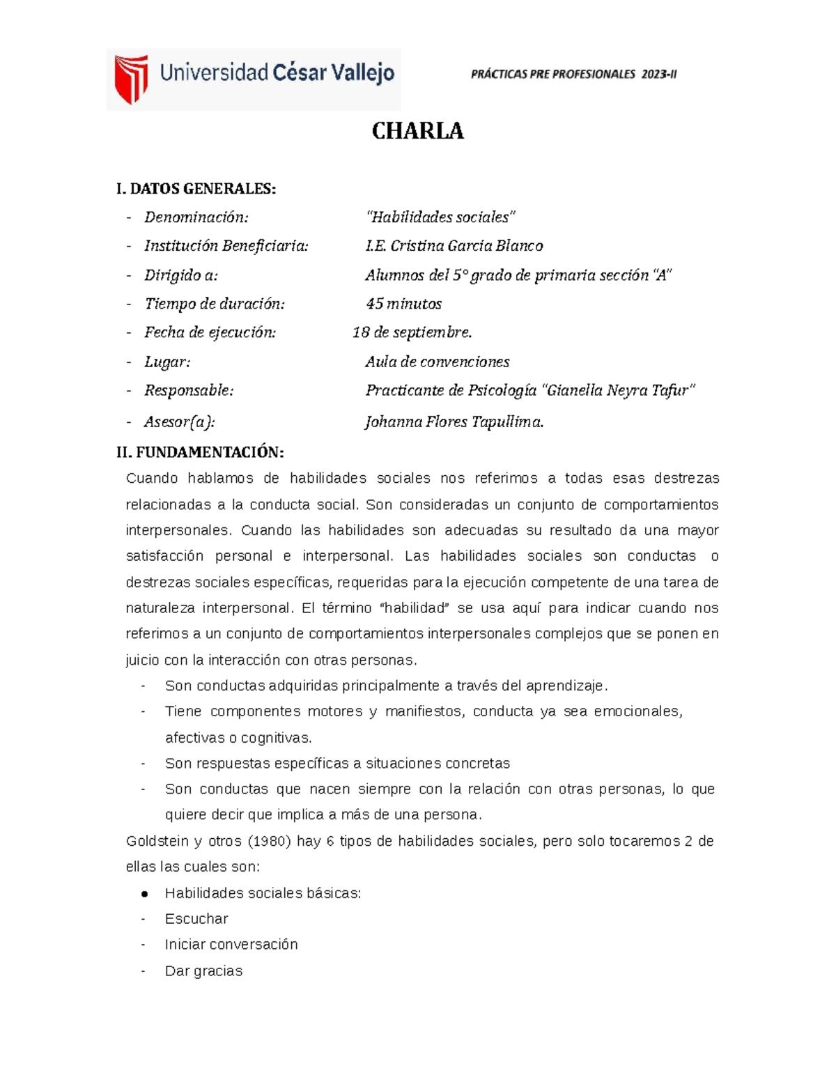 2 Charla - kljkj - CHARLA I. DATOS GENERALES: Denominación ...