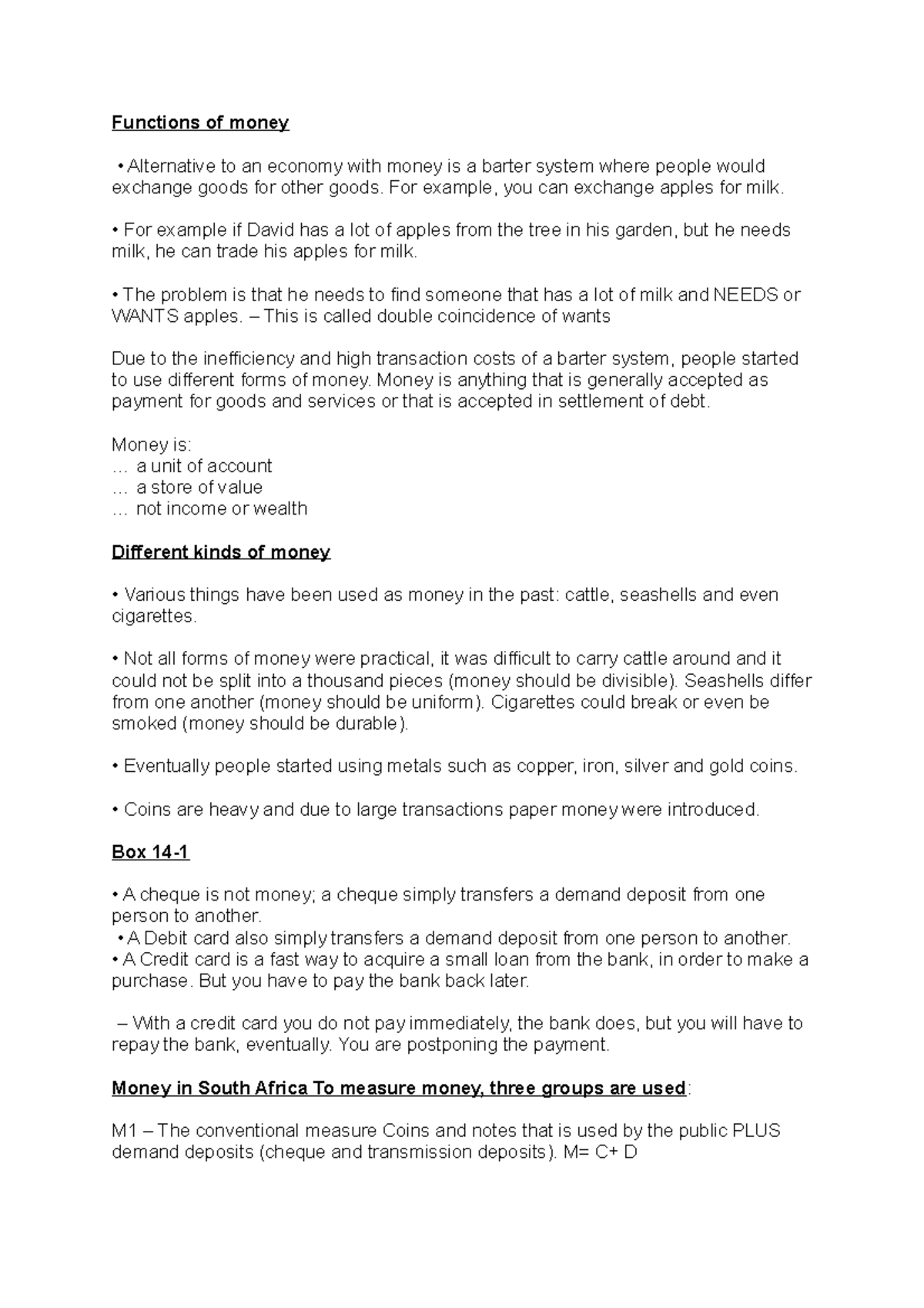 ECO LU2 Notes - Functions of money - Alternative to an economy with ...