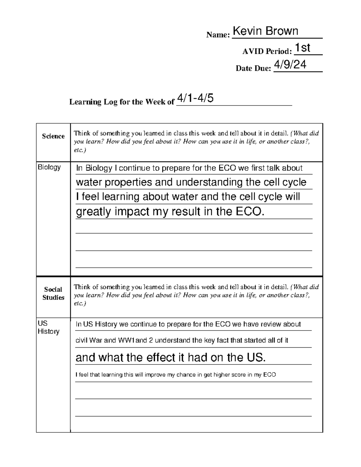 Learning Log Fill - Name: ______________________ AVID Period ...