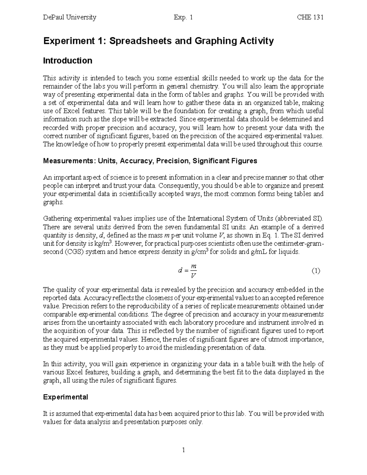 CHE131Expt1Spreadsheets Graphing AQ20 - Experiment 1: Spreadsheets and Graphing Activity - Studocu