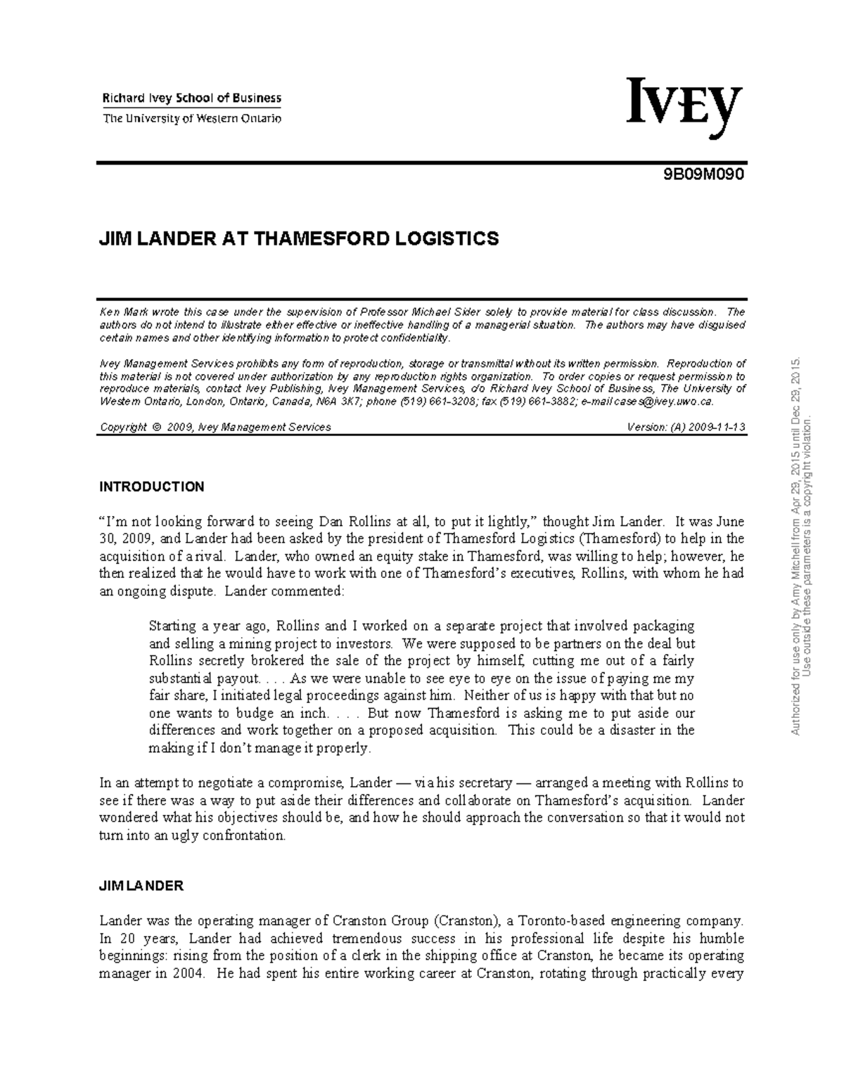Assignment- Case Study Two- Instruction - S w 9B09M JIM LANDER AT ...