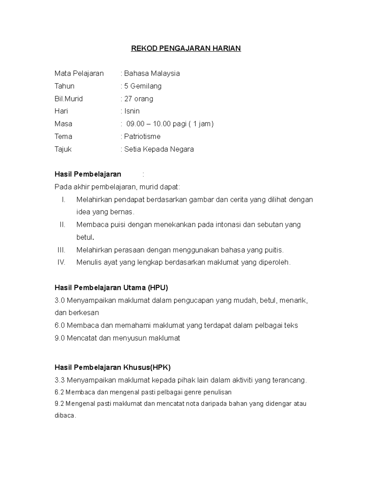 Contoh RPH - RPH - REKOD PENGAJARAN HARIAN Mata Pelajaran : Bahasa ...