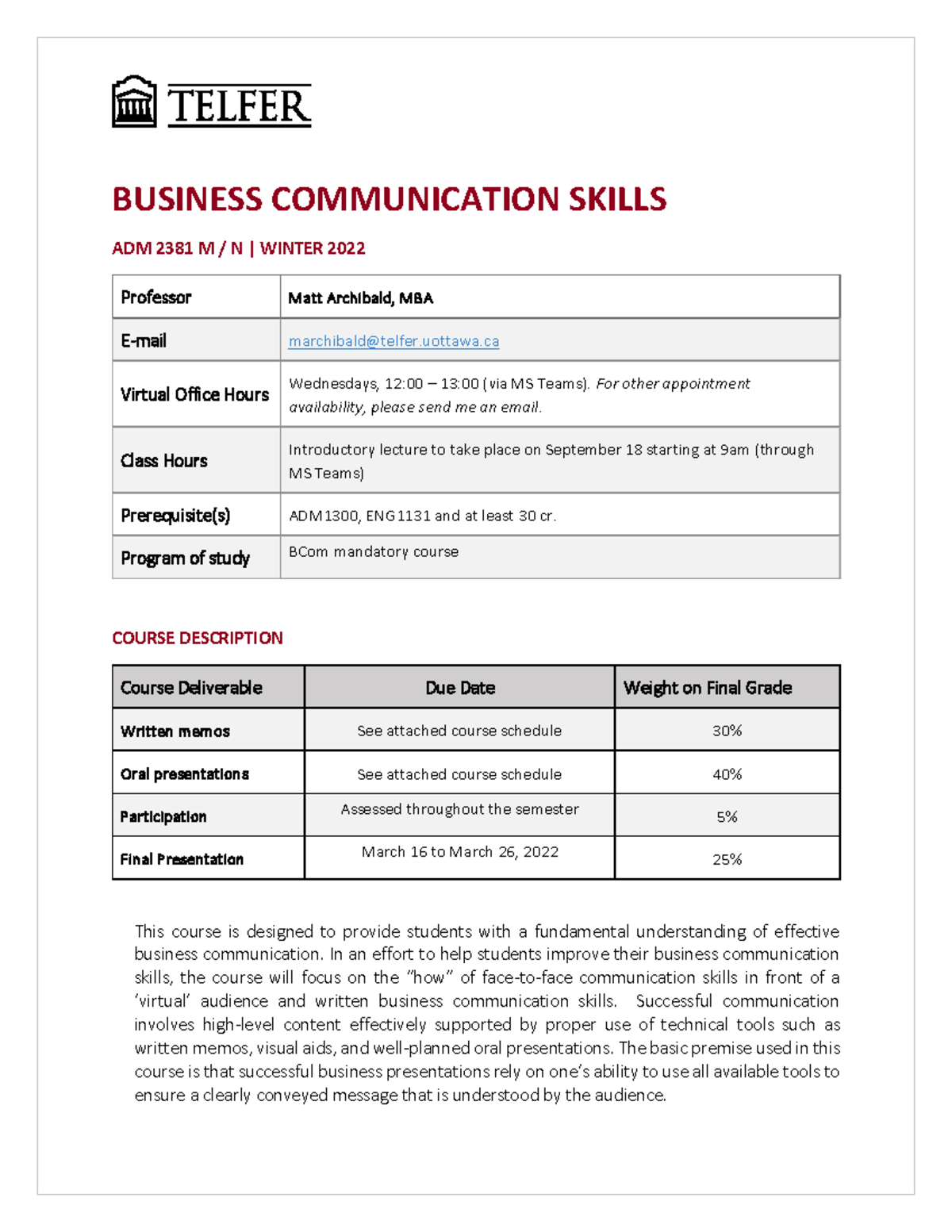 ADM 2381 Course Outline Winter 2022 BUSINESS COMMUNICATION SKILLS ADM
