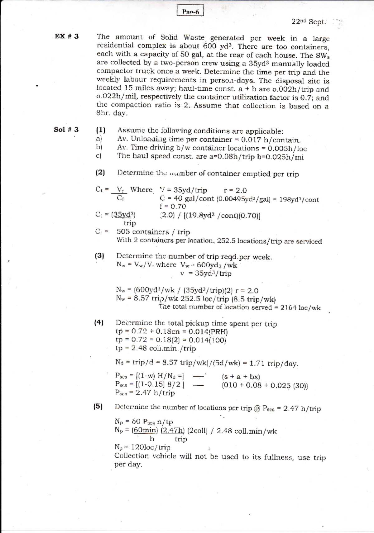 Solid Waste Management Solved Numerical - EX# Sol ,' 22"d Sept. The ...