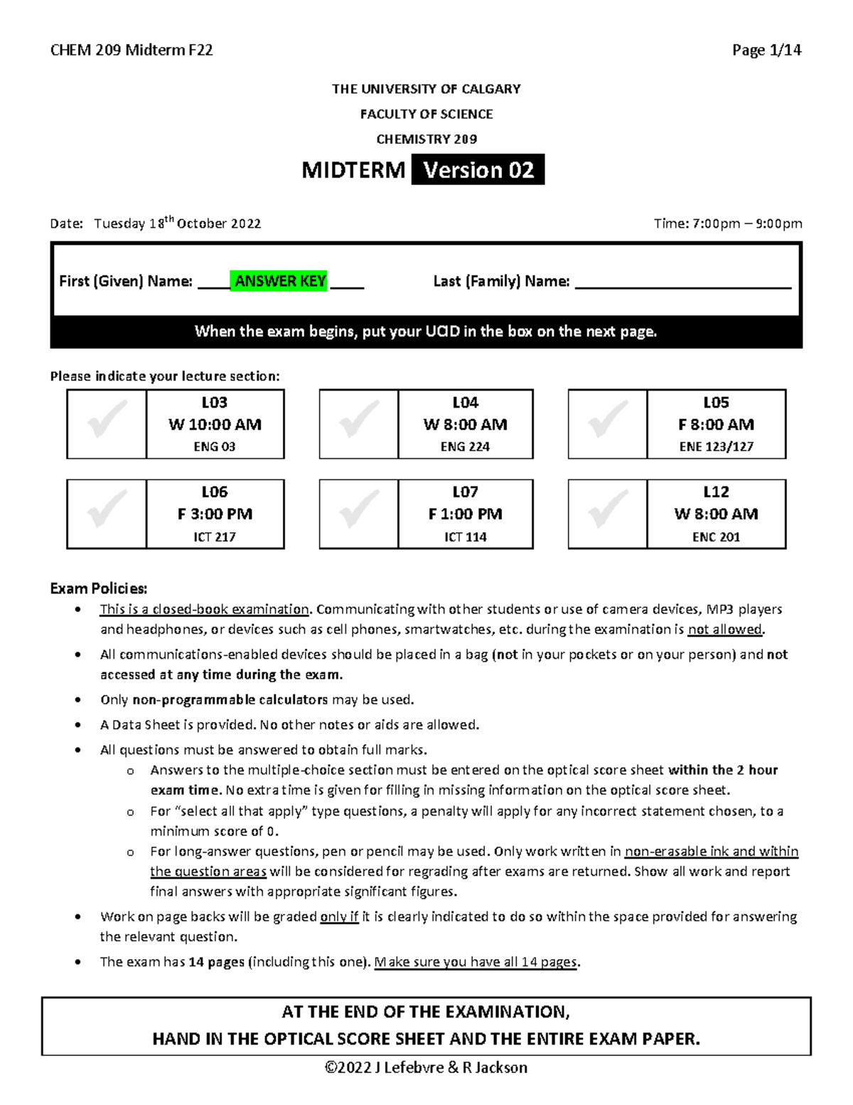 209F22 Midterm Full Solution v2 - THE UNIVERSITY OF CALGARY FACULTY OF SCIENCE CHEMISTRY 209 ...