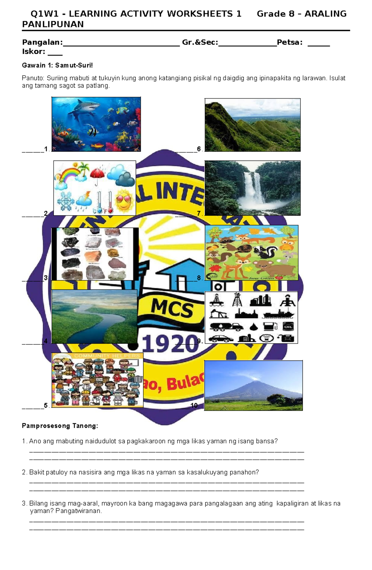 AP8 Q1W1 LAS - learning activity sheet - PANLIPUNAN Pangalan ...