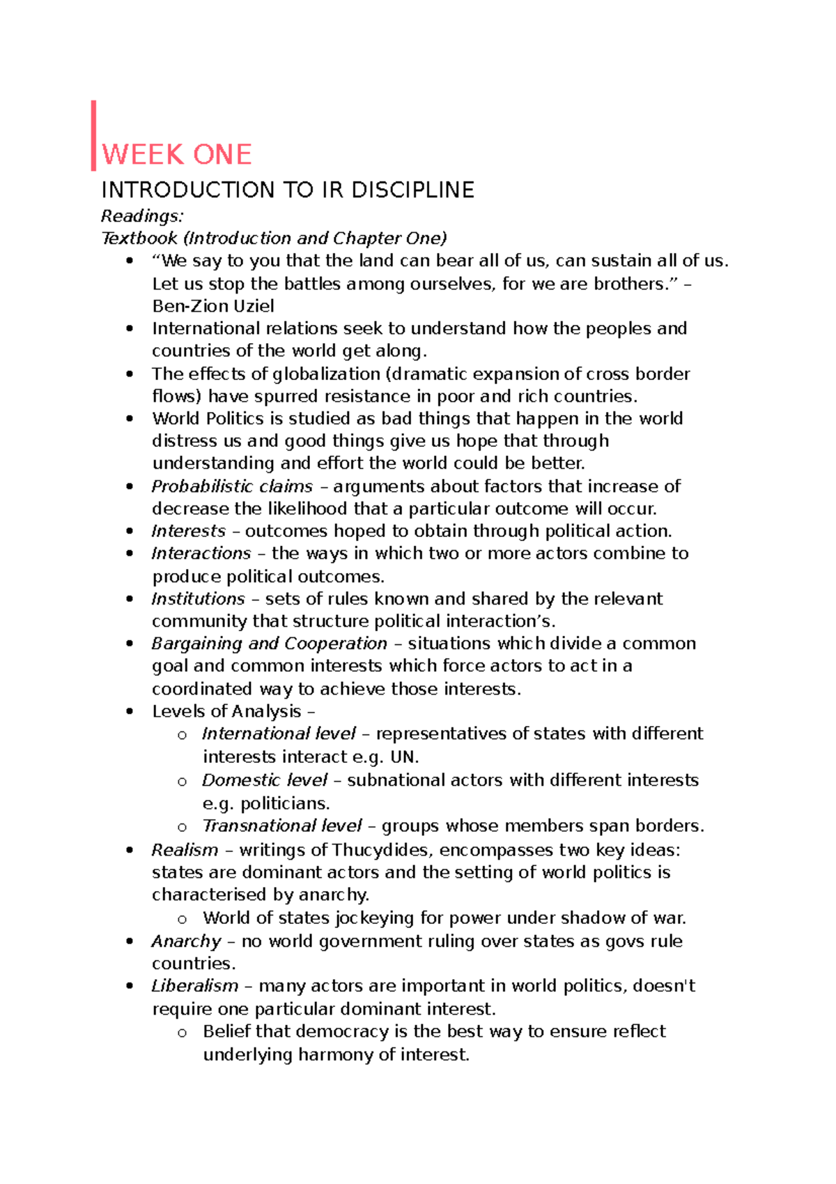 POLS1005 reading notes - WEEK ONE INTRODUCTION TO IR DISCIPLINE ...