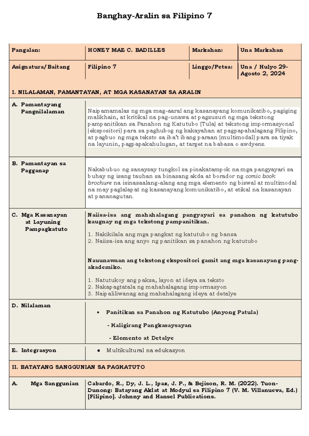 Filipino 7-WEEK1 - IT'S A LESSON EXEMPLAR FOR MATATAG CURRICULUM - Pangalan: HONEY MAE C ...