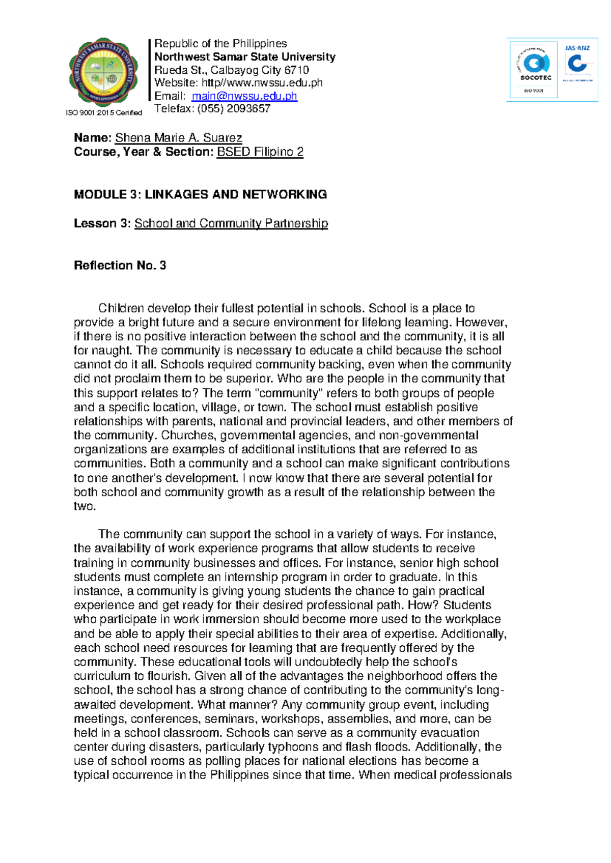 Reflection for Module 3 - Republic of the Philippines Northwest Samar ...
