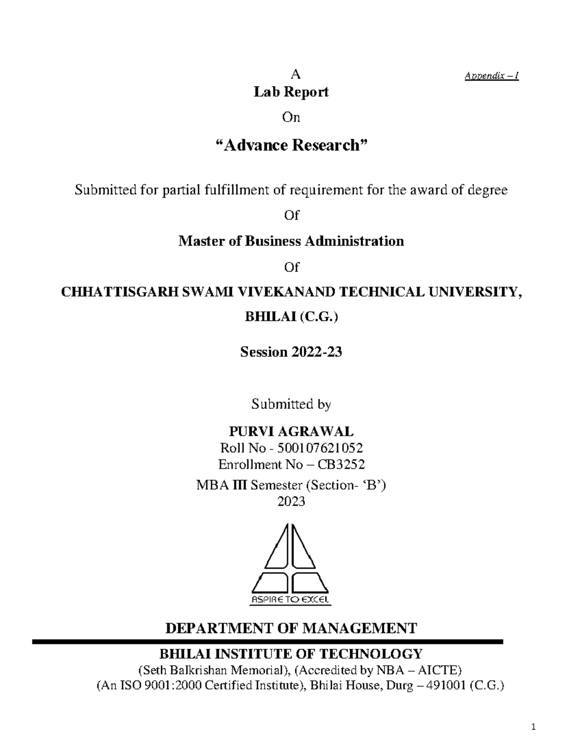 Purvi Agrawal advance lab report - A Appendix – I Lab Report On ...