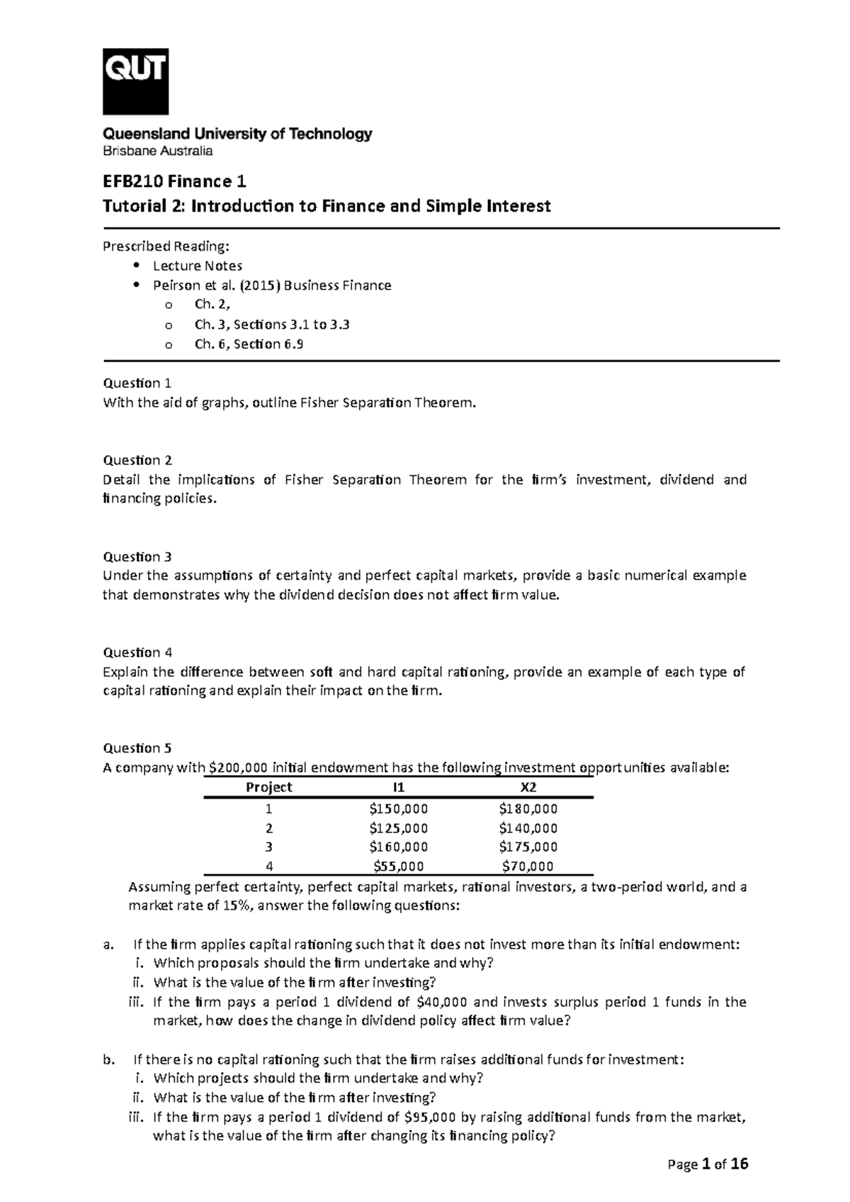 EFB210 Finance 1, Tutorial 02 (Tutors) - EFB210 Finance 1 Tutorial 2 ...
