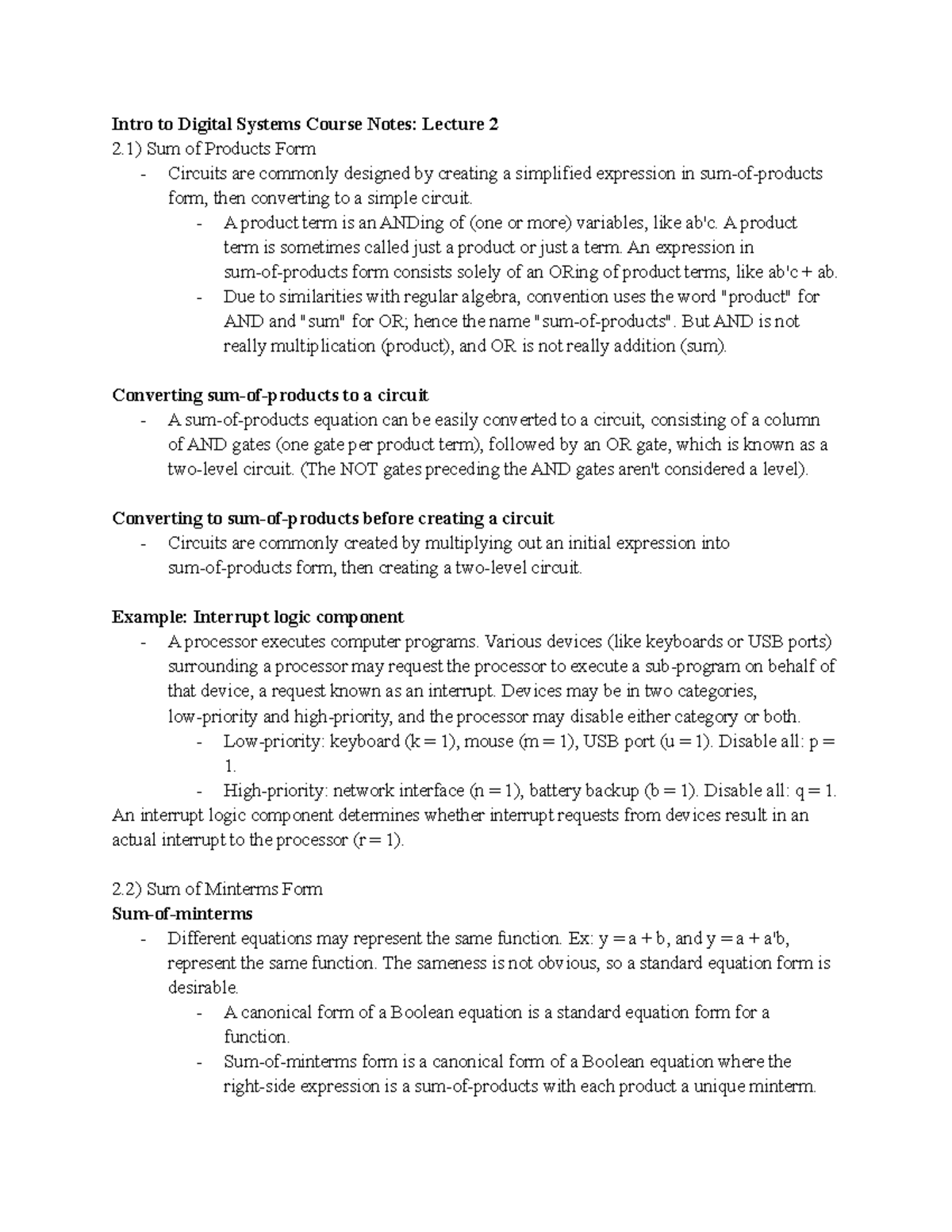 Intro to Digital Systems Course Notes Lecture 2 - A product term is an ...