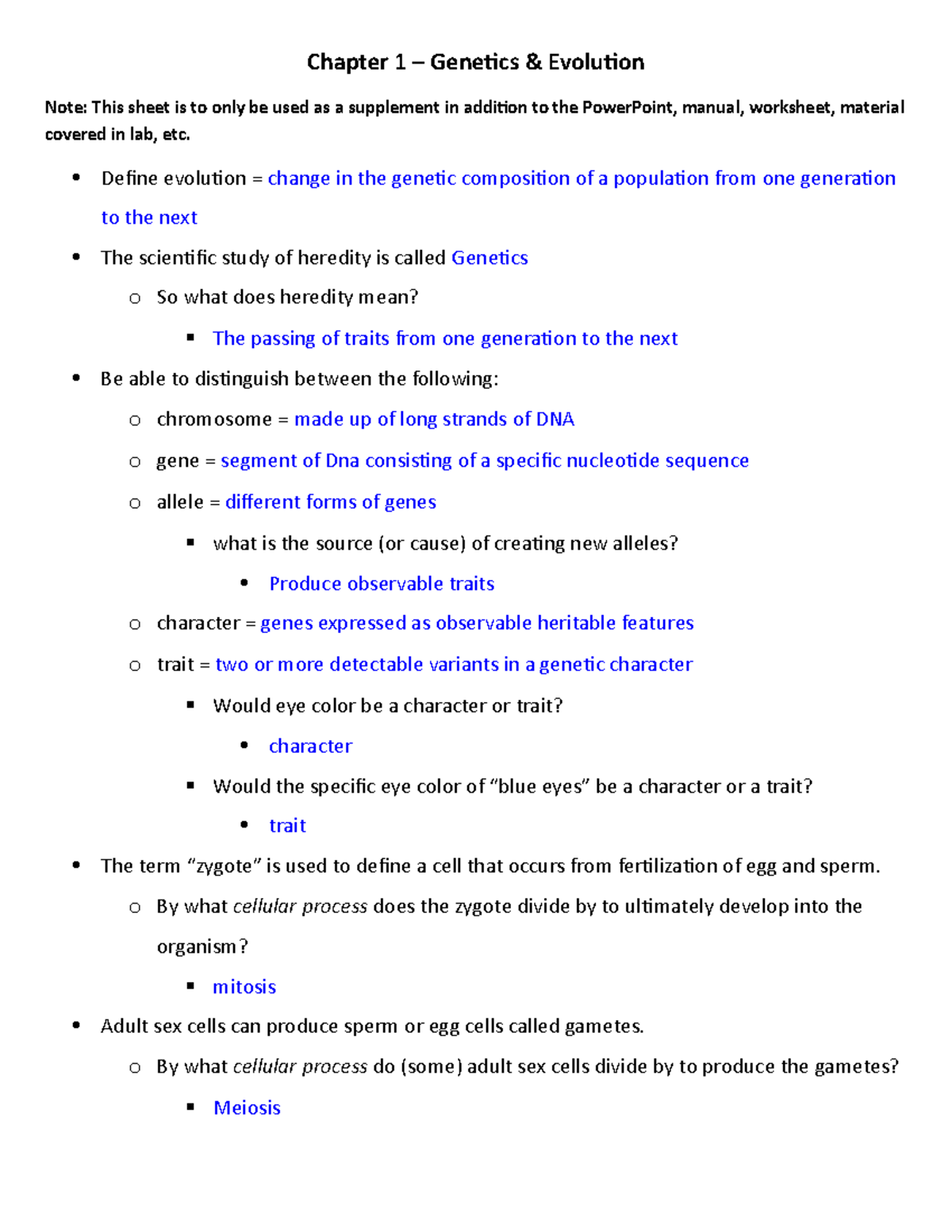Chapter 1 - Review - Chapter 1 – Genetics & Evolution Note: This sheet ...