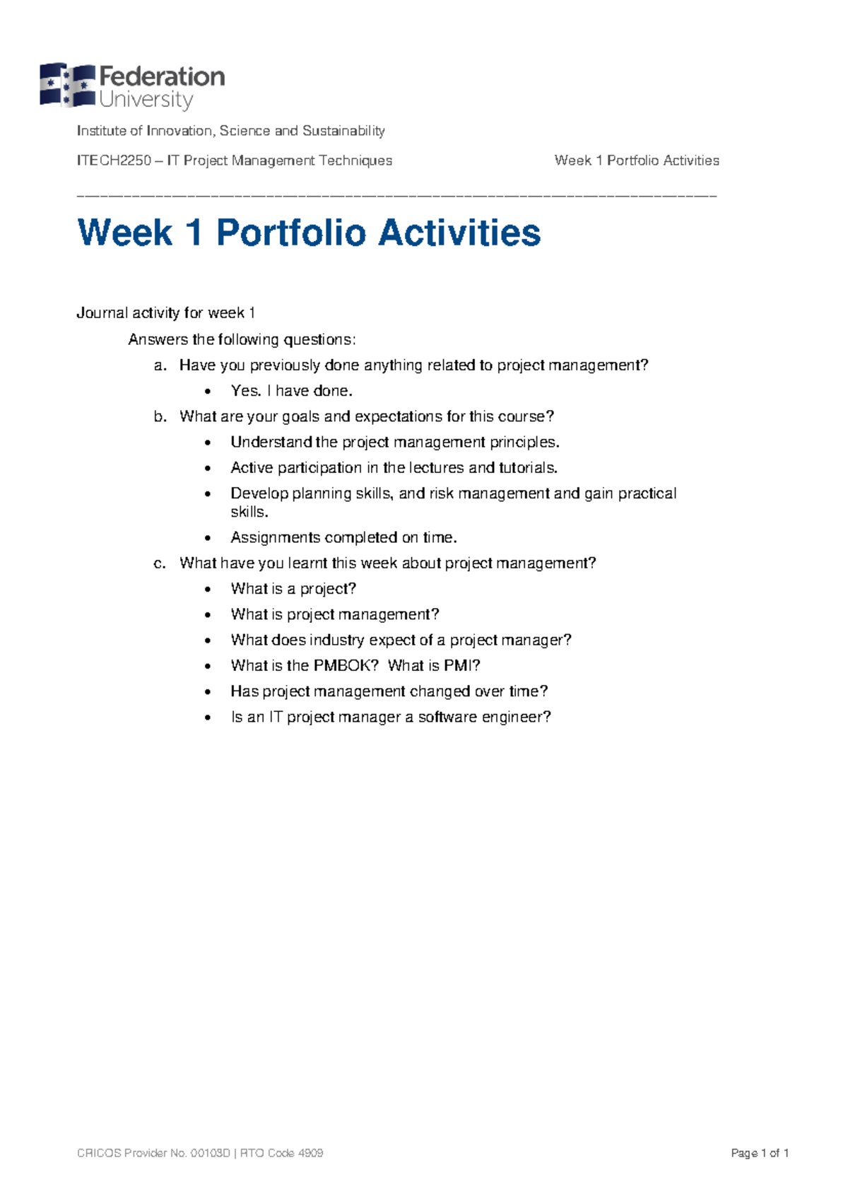 Itech 2250 Week 1 Portfolio Activity(answered) - Institute of ...