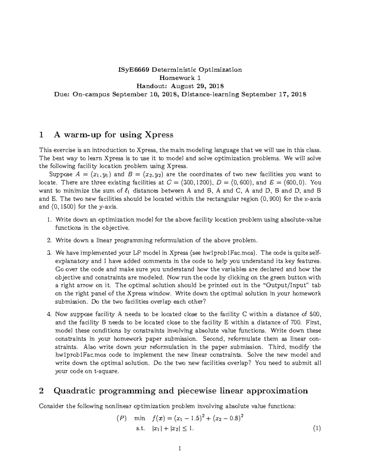 Hw1 - Contains solution for homework 1 - ISyE6669 Deterministic Optimization Homework 1 Handout ...
