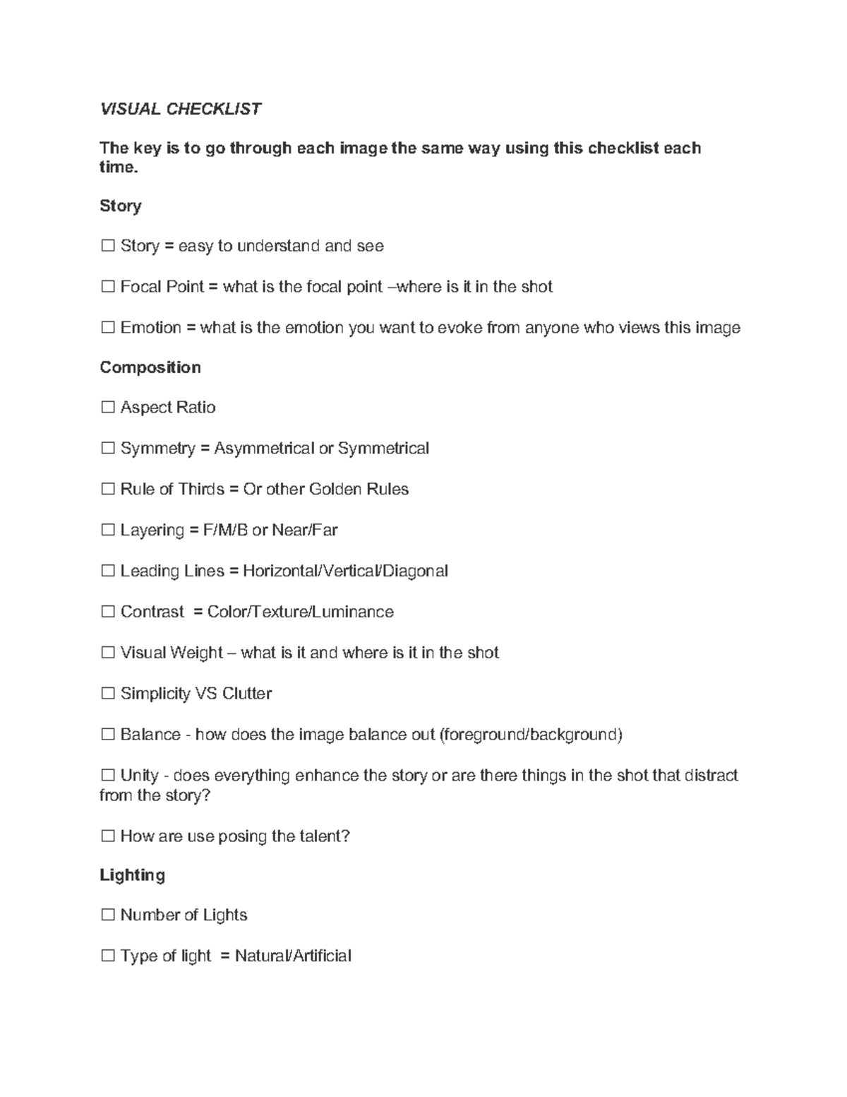 Visualchecklist - Checklist for shooting film. - VISUAL CHECKLIST The ...