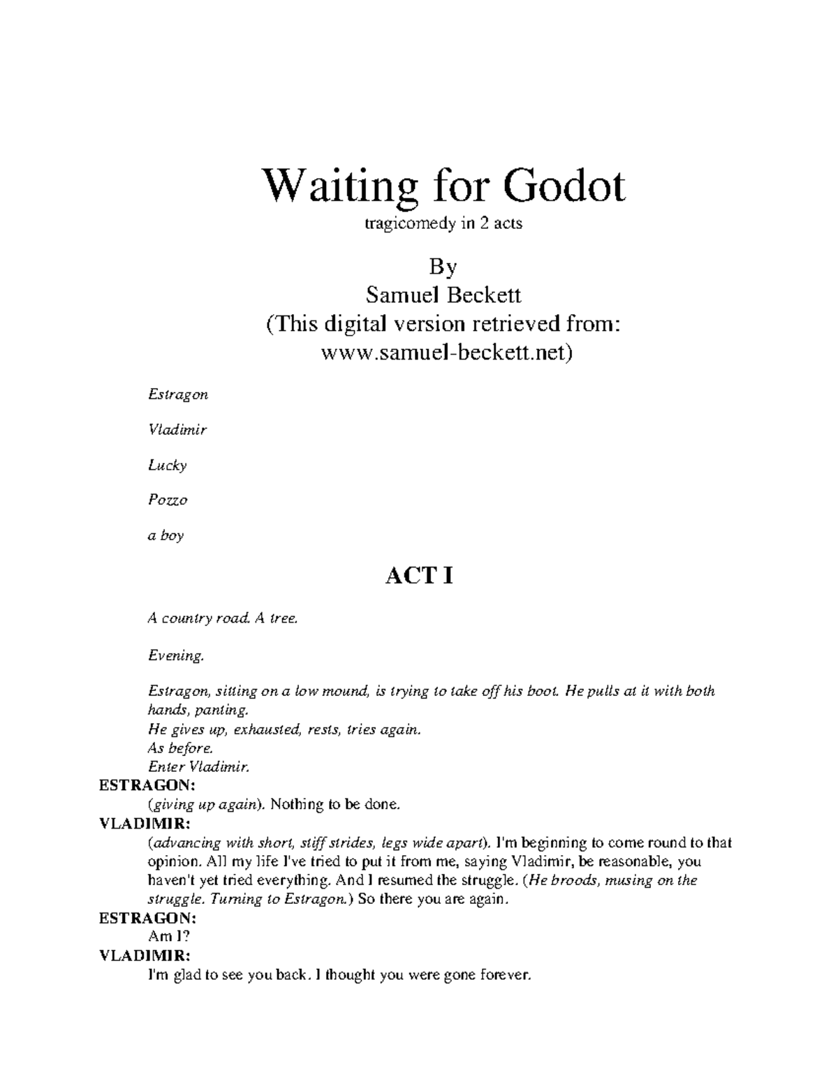 Waiting for godot - Waiting for Godot tragicomedy in 2 acts By Samuel ...