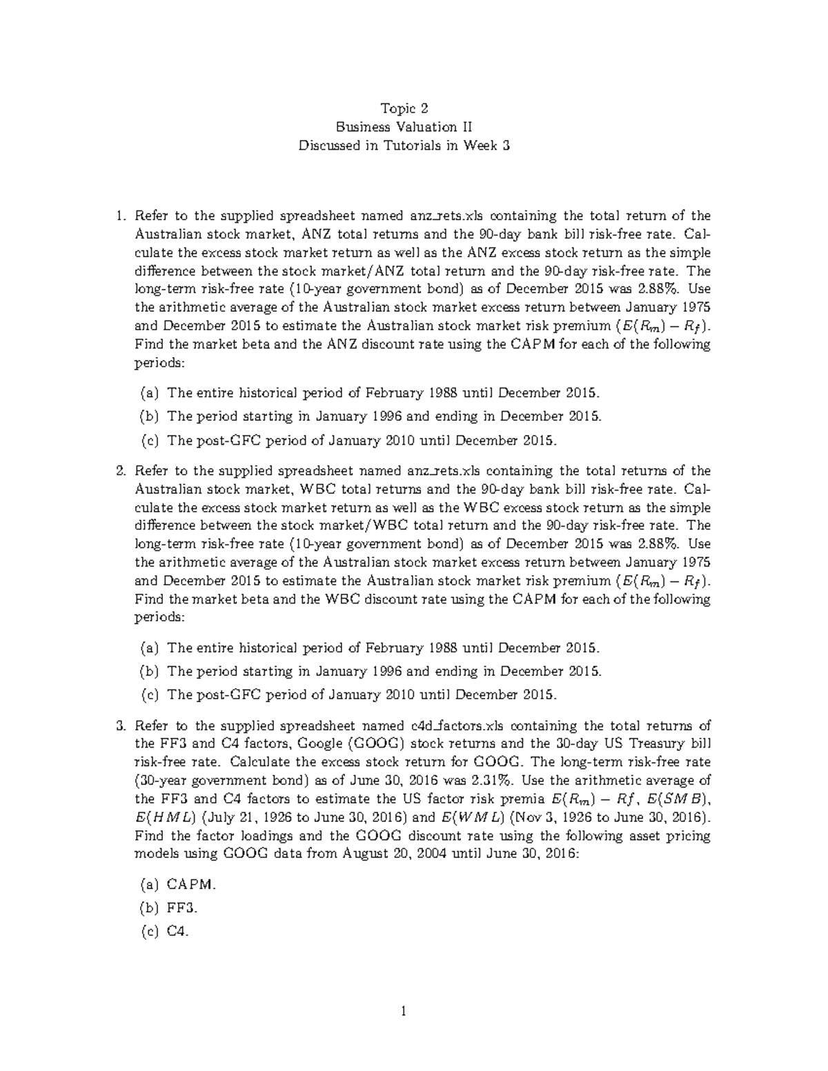 Tutorial Week 3 - Questions only - Topic 2 Business Valuation II ...