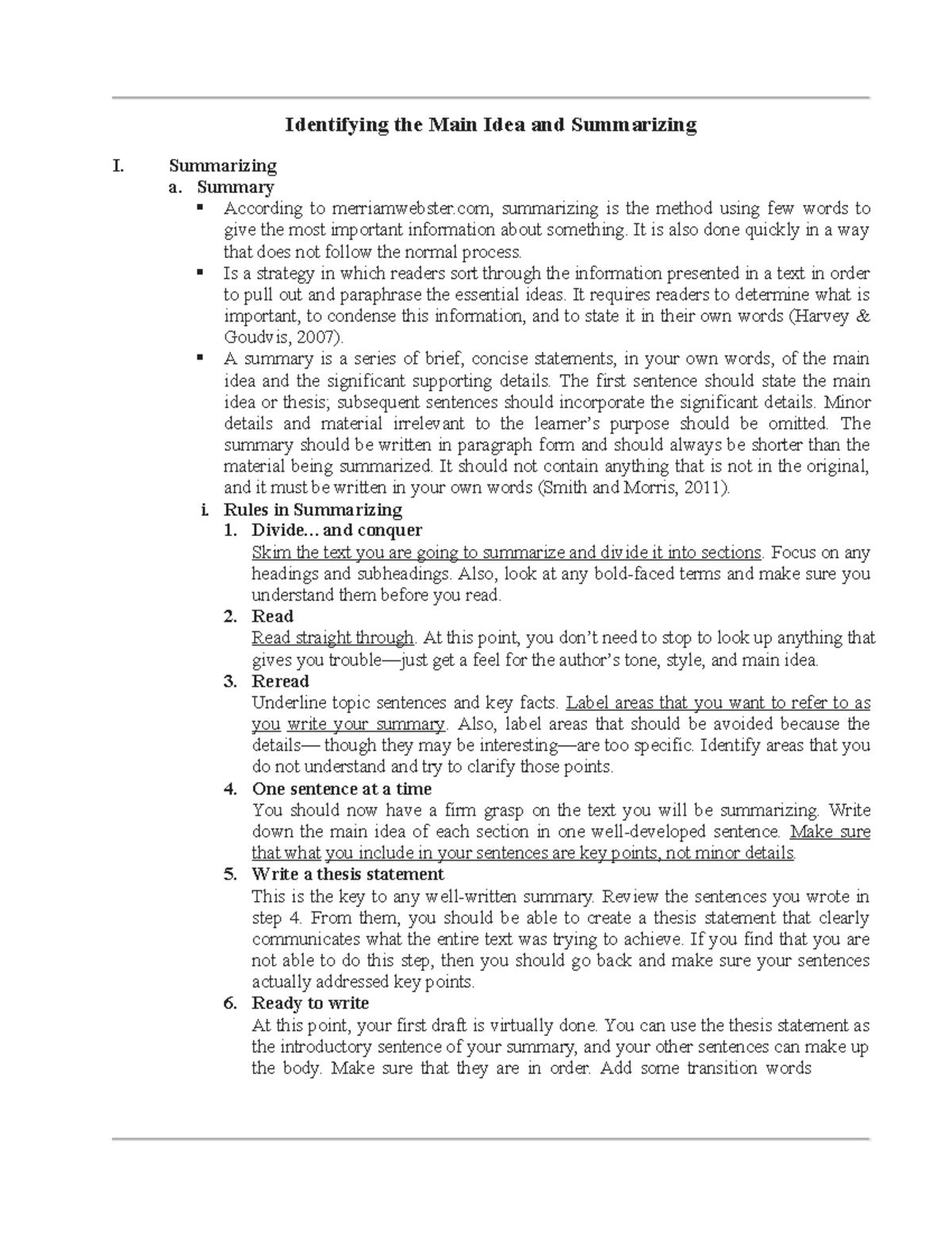 Identifying the Main Idea and Summarizing - Summarizing a. Summary ...