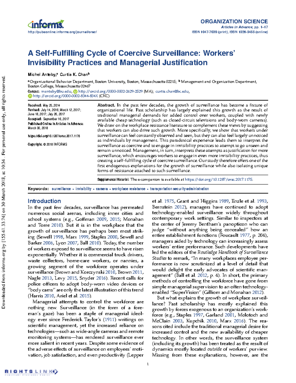 A Self Fulfilling Cycle of Coercive Surv - ORGANIZATION SCIENCE ...
