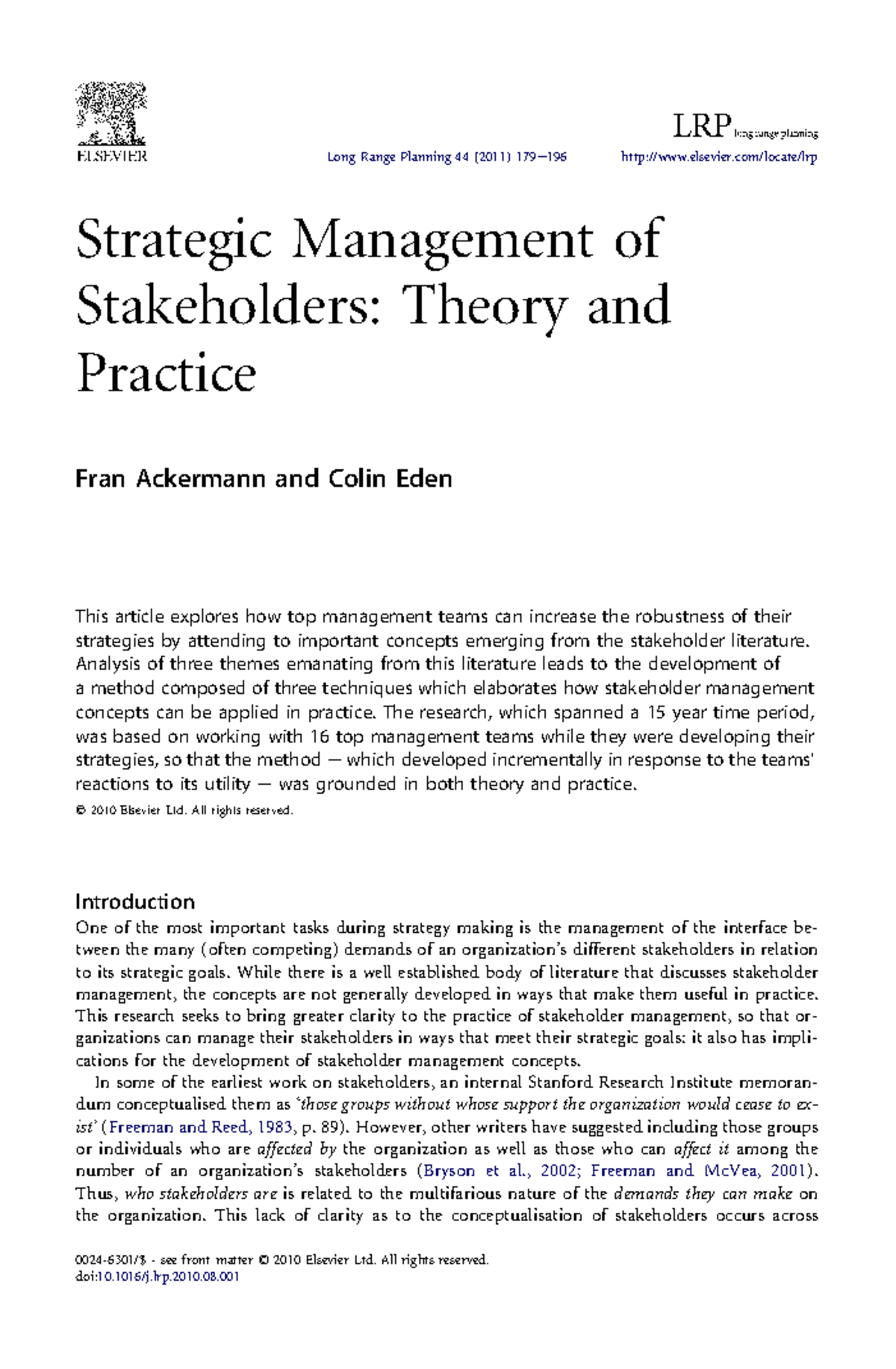 Strategic Management of Stakeholders Theory and Practice - Strategic ...