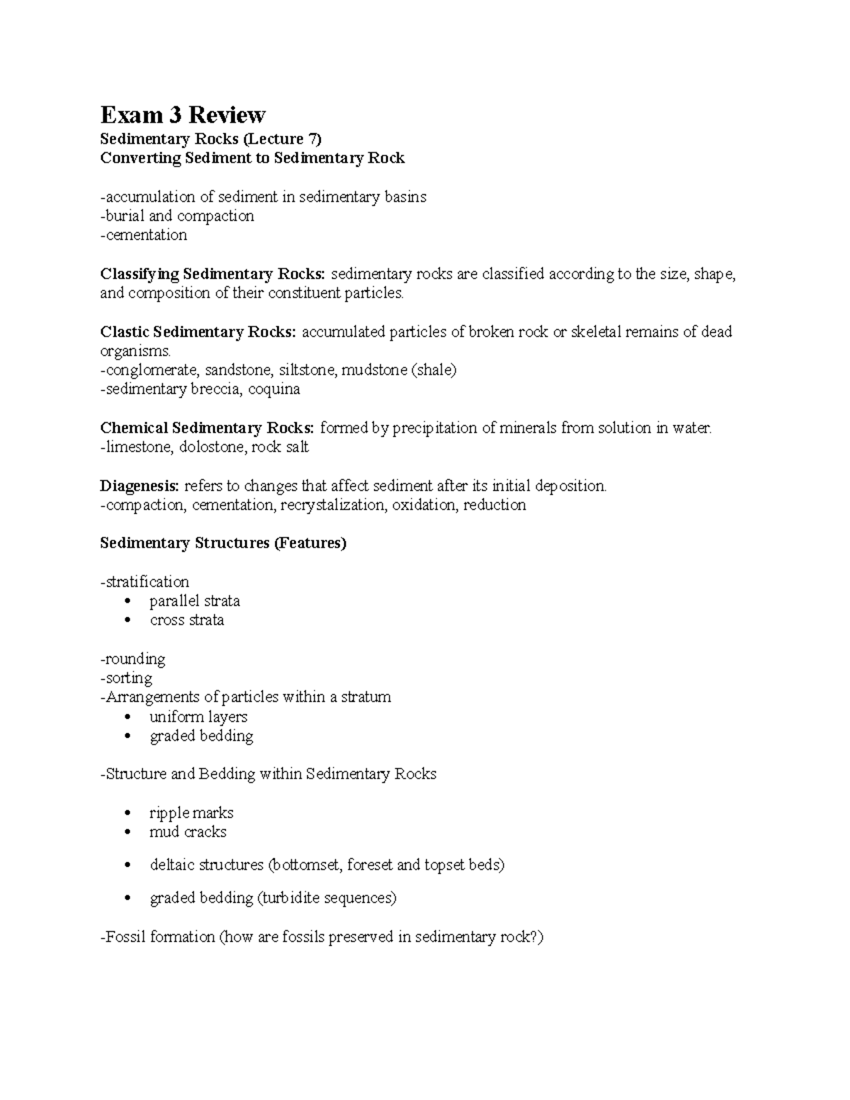 Exam 3 Review (PPT 7,8,9,10) - Exam 3 Review Sedimentary Rocks (Lecture ...