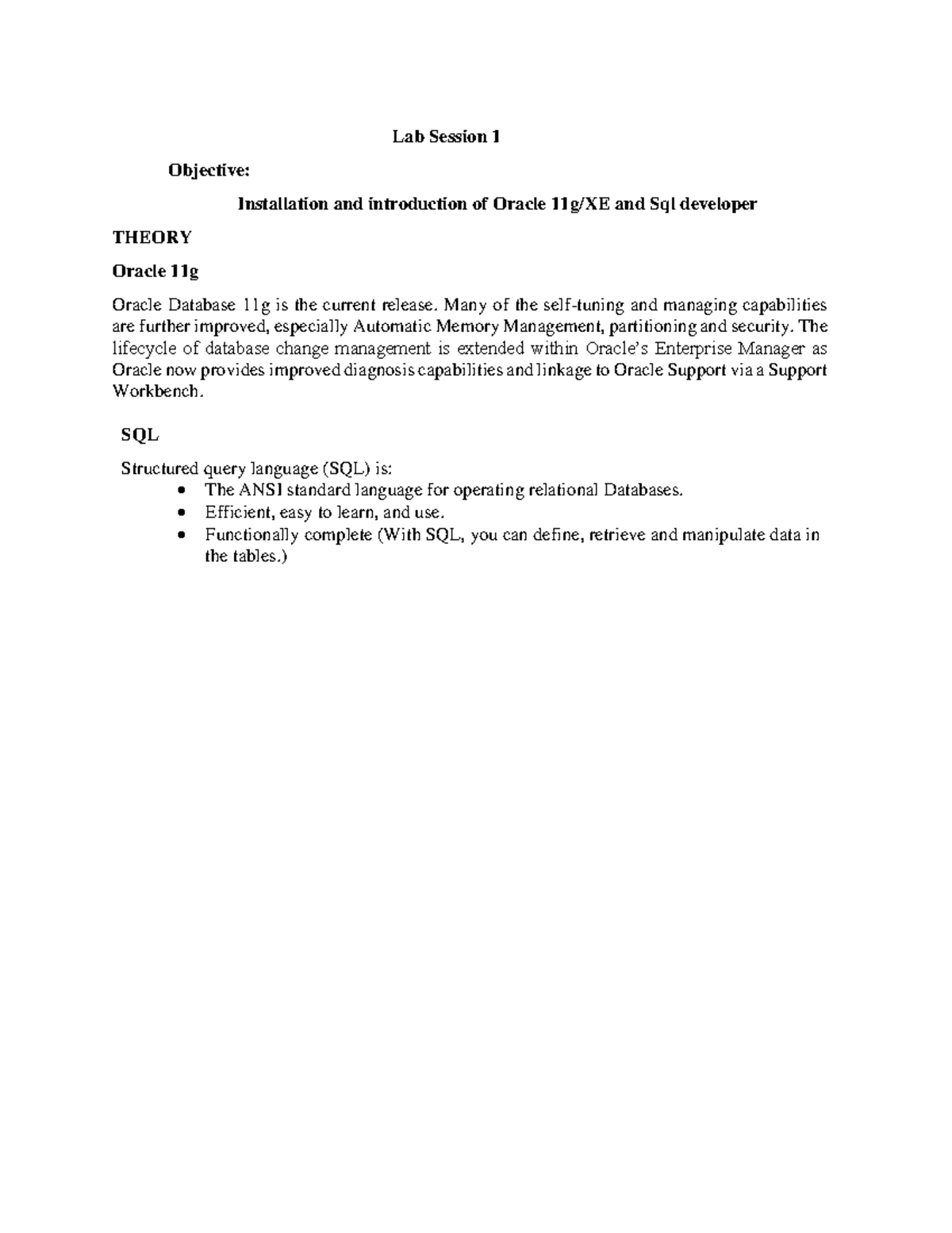 LAB 1 - Lab - Lab Session 1 Objective: Installation and introduction of Oracle 11g/XE and Sql ...