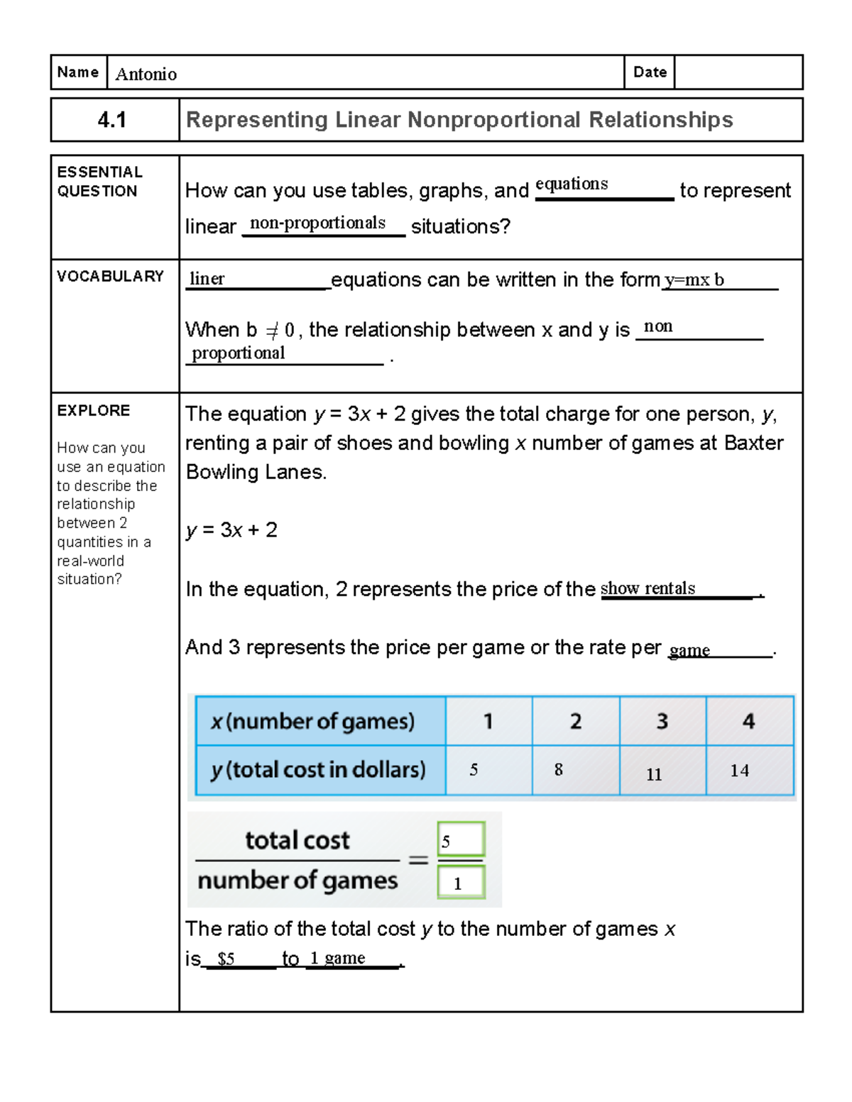 Math 4 - scientist major - Name Date 4 Representing Linear ...