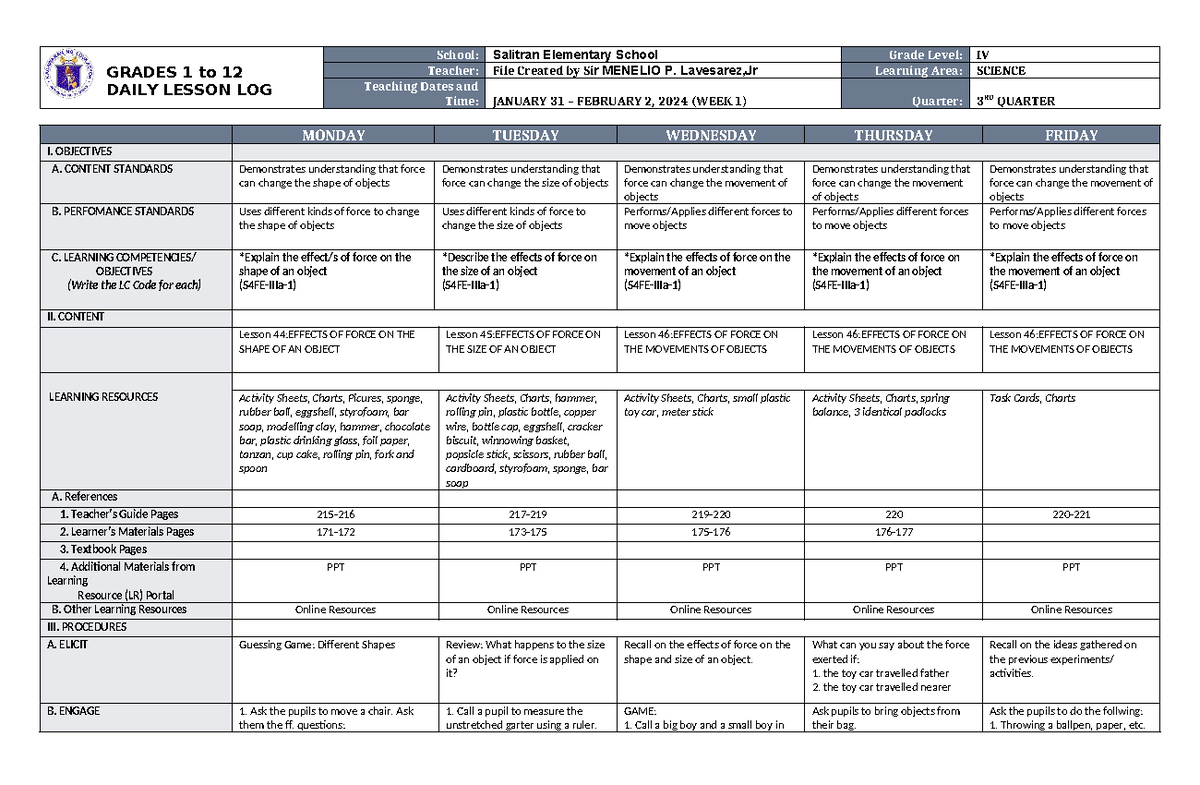DLL Science 4 Q3 W1 - n/a - GRADES 1 to 12 DAILY LESSON LOG School ...