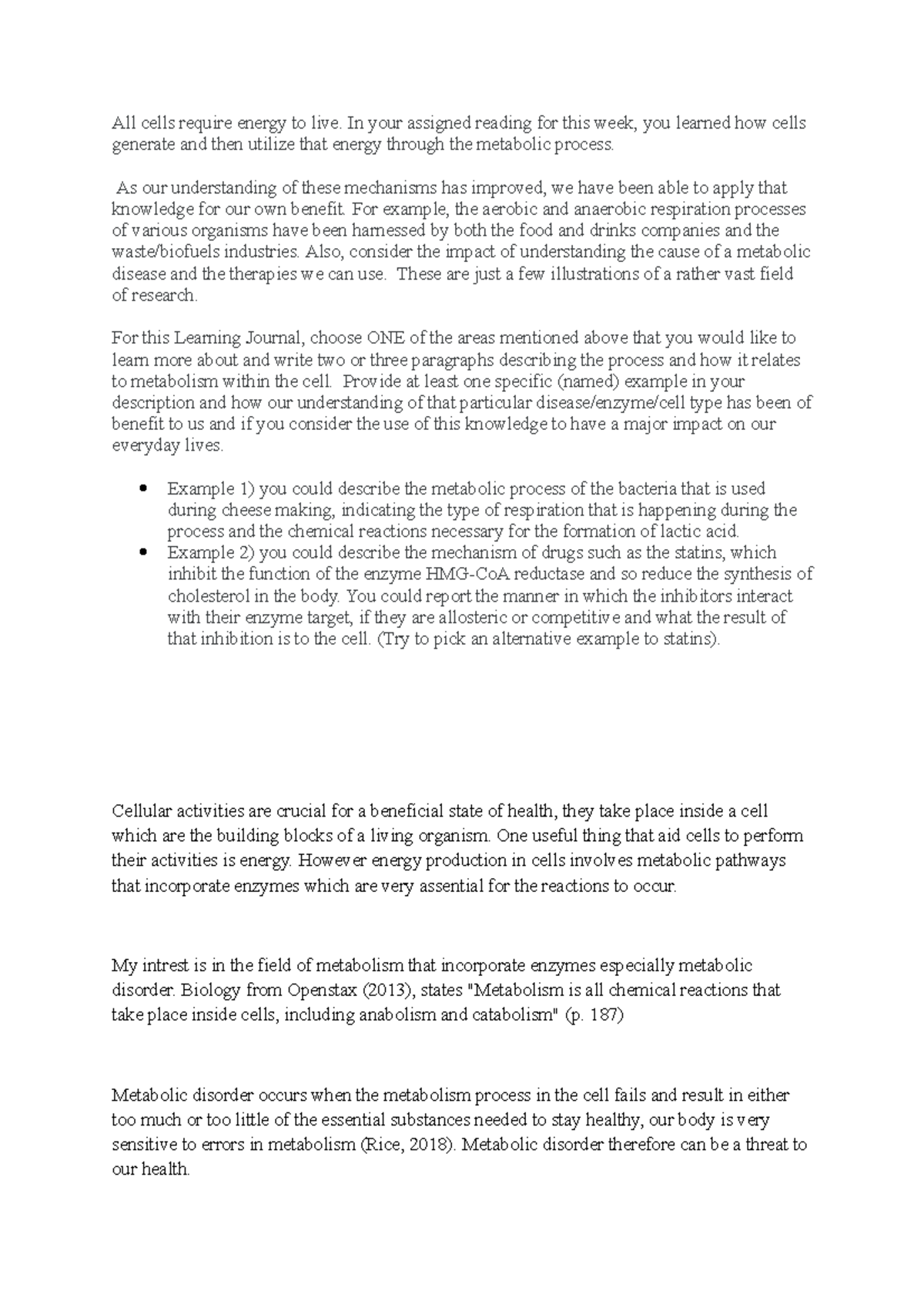 Learning journal unit 4 - All cells require energy to live. In your ...