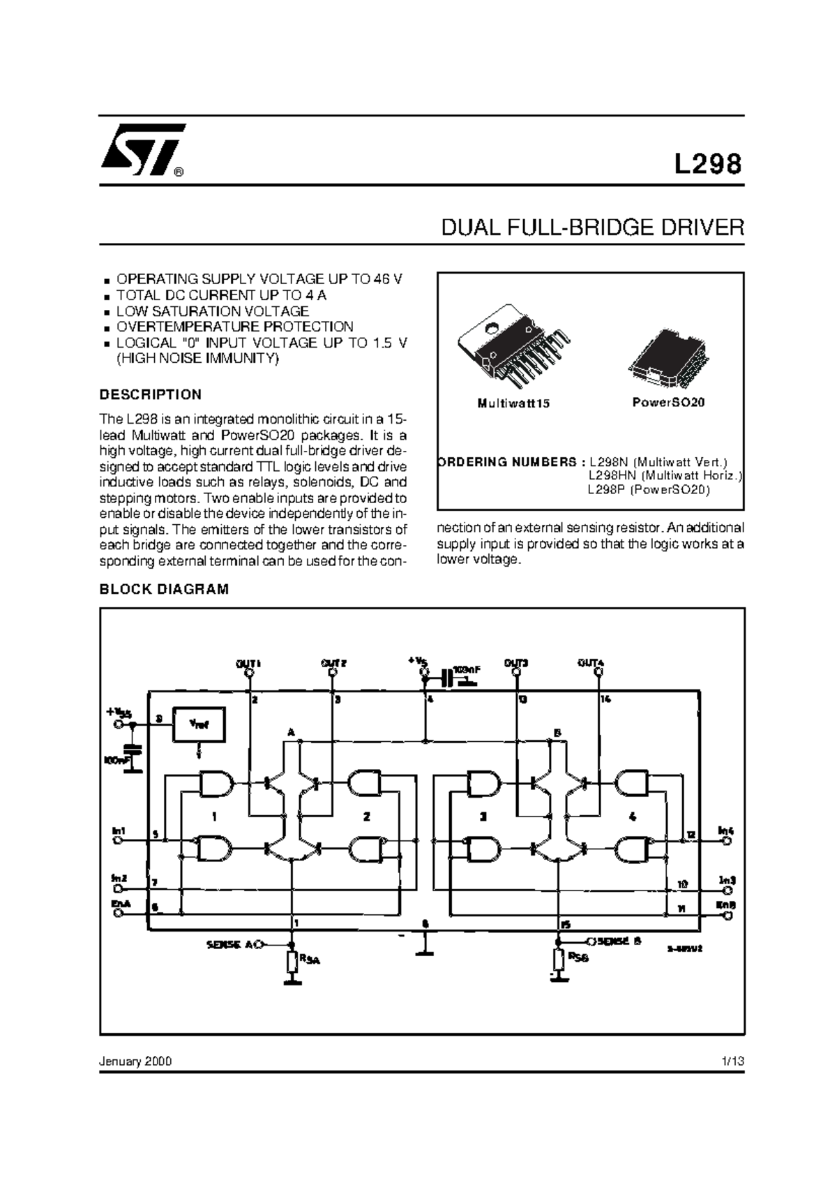 L298 H Bridge - Data Sheet - Jenuary 2000 DUAL FULL-BRIDGE DRIVER ...