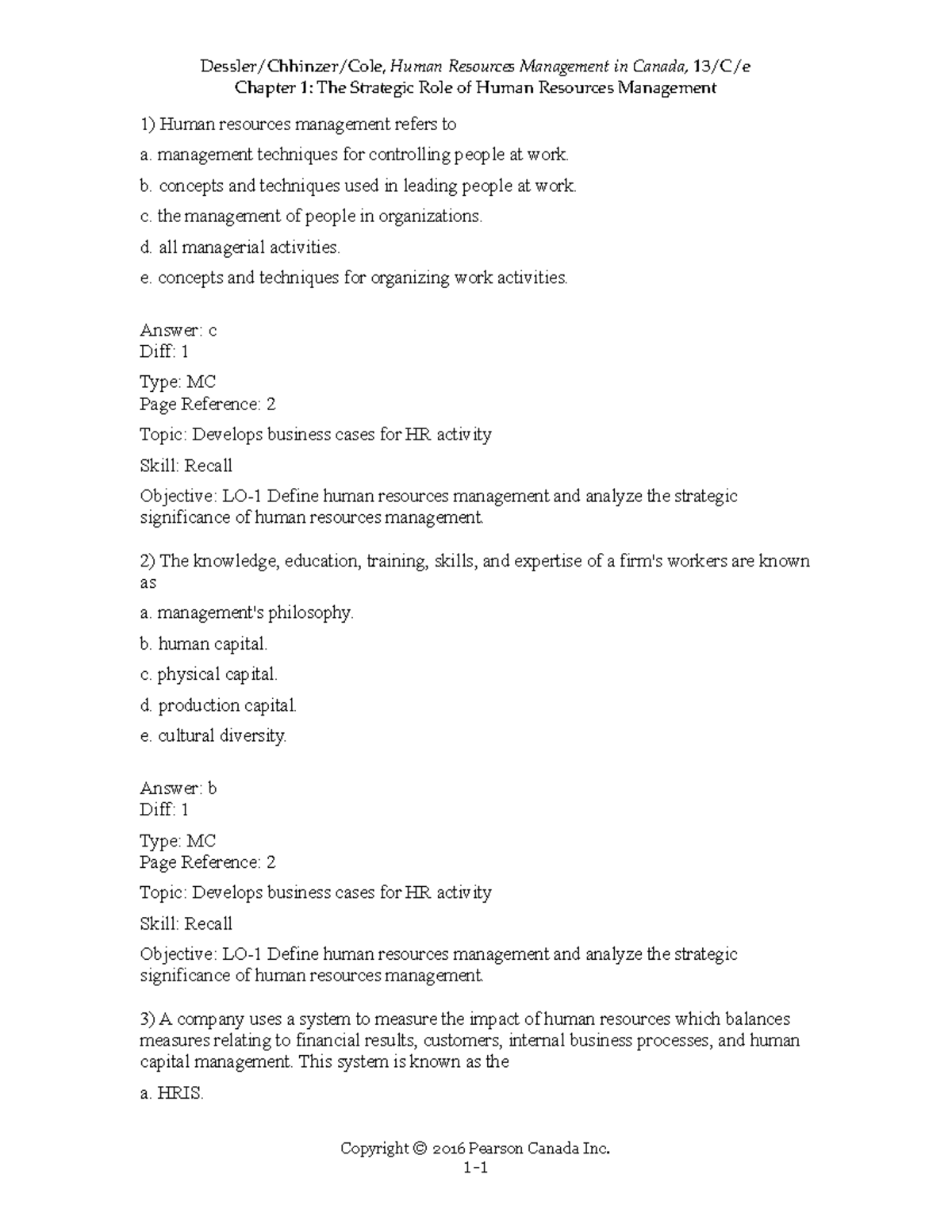 Chapter 1 sample/practice exam - Chapter 1: The Strategic Role of Human ...