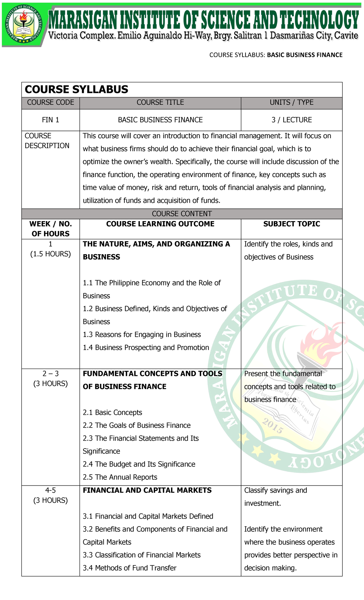 Syllabus Basic Business Finance - COURSE SYLLABUS COURSE CODE COURSE ...