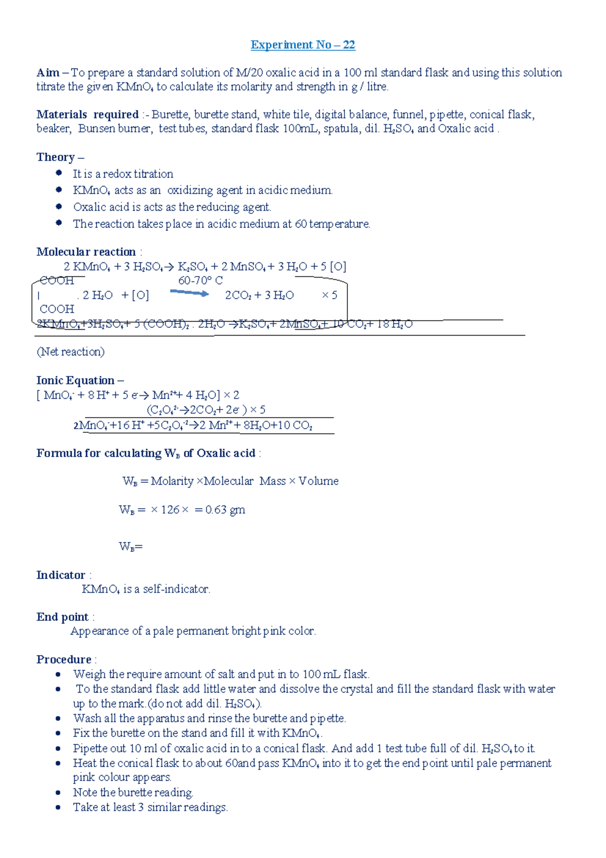 Experiment 22 - Experiment No – 22 Aim – To prepare a standard solution ...