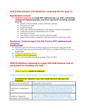 Unit 8 Learning aim A - 3 worksheets completed - Unit 8 Recruitment and ...