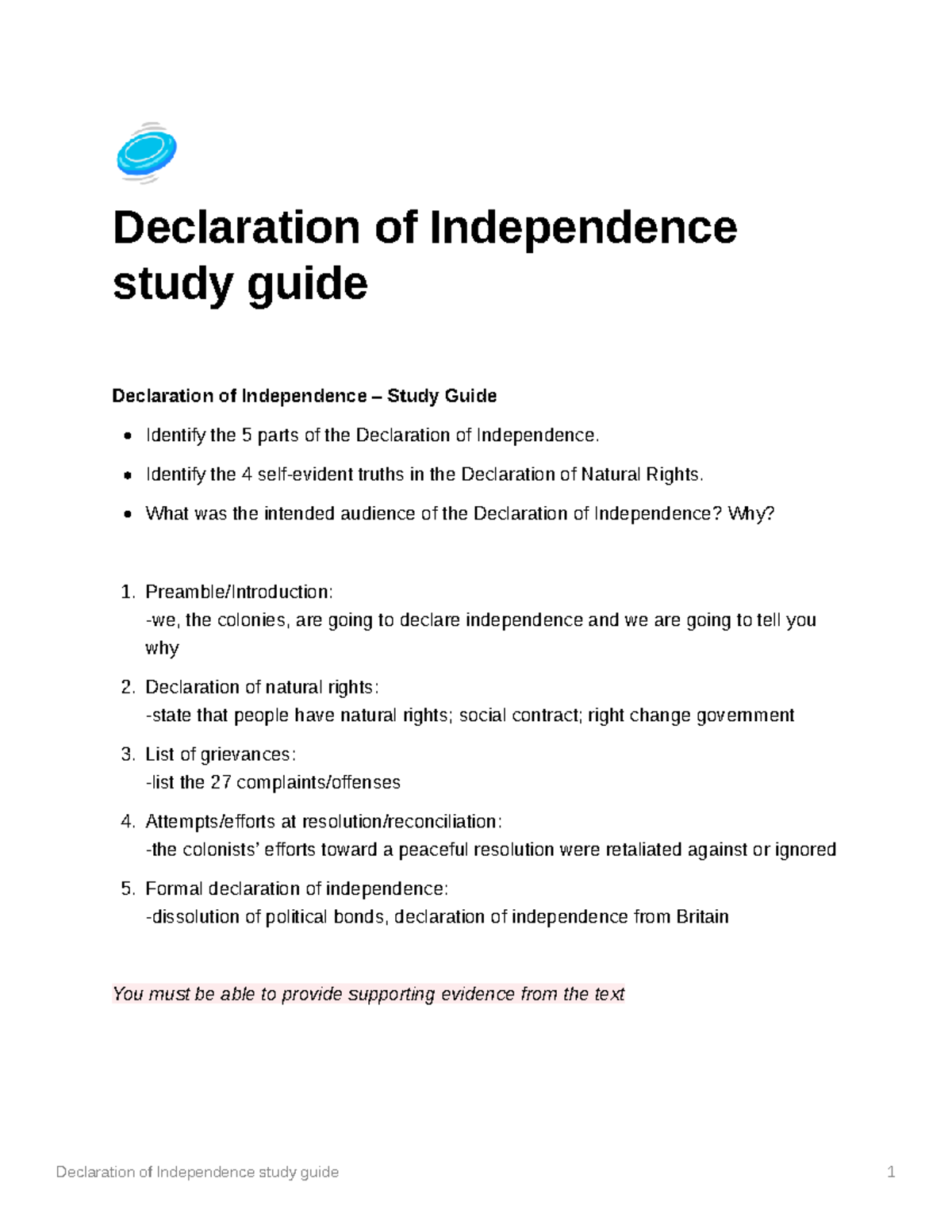 Declaration Of Independence Study Guide Identify The 4 Self evident